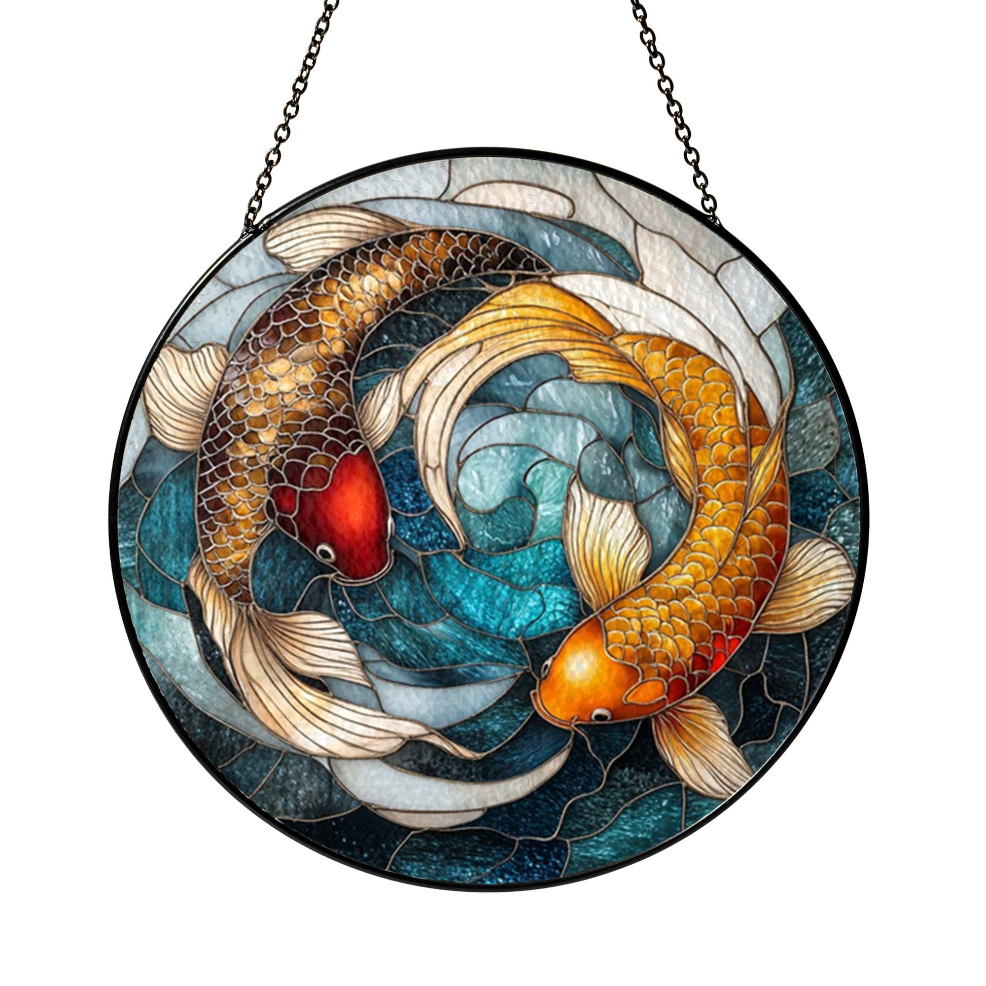 Aquatic Koi Fish Stained Glass Style Suncatcher, Round Water Theme ...