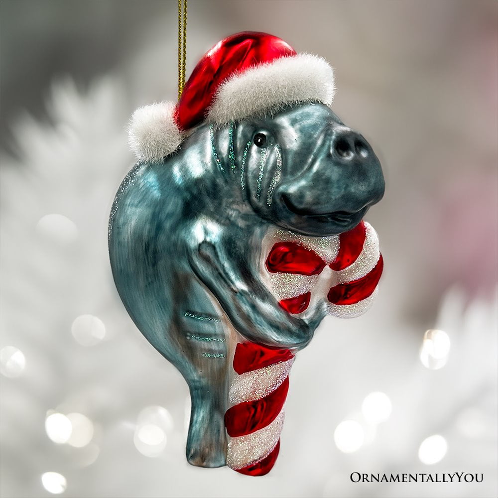 Aquatic Manatee Glass Christmas Ornament, Sea Cow Coastal Ocean Animal Holiday Decoration ...