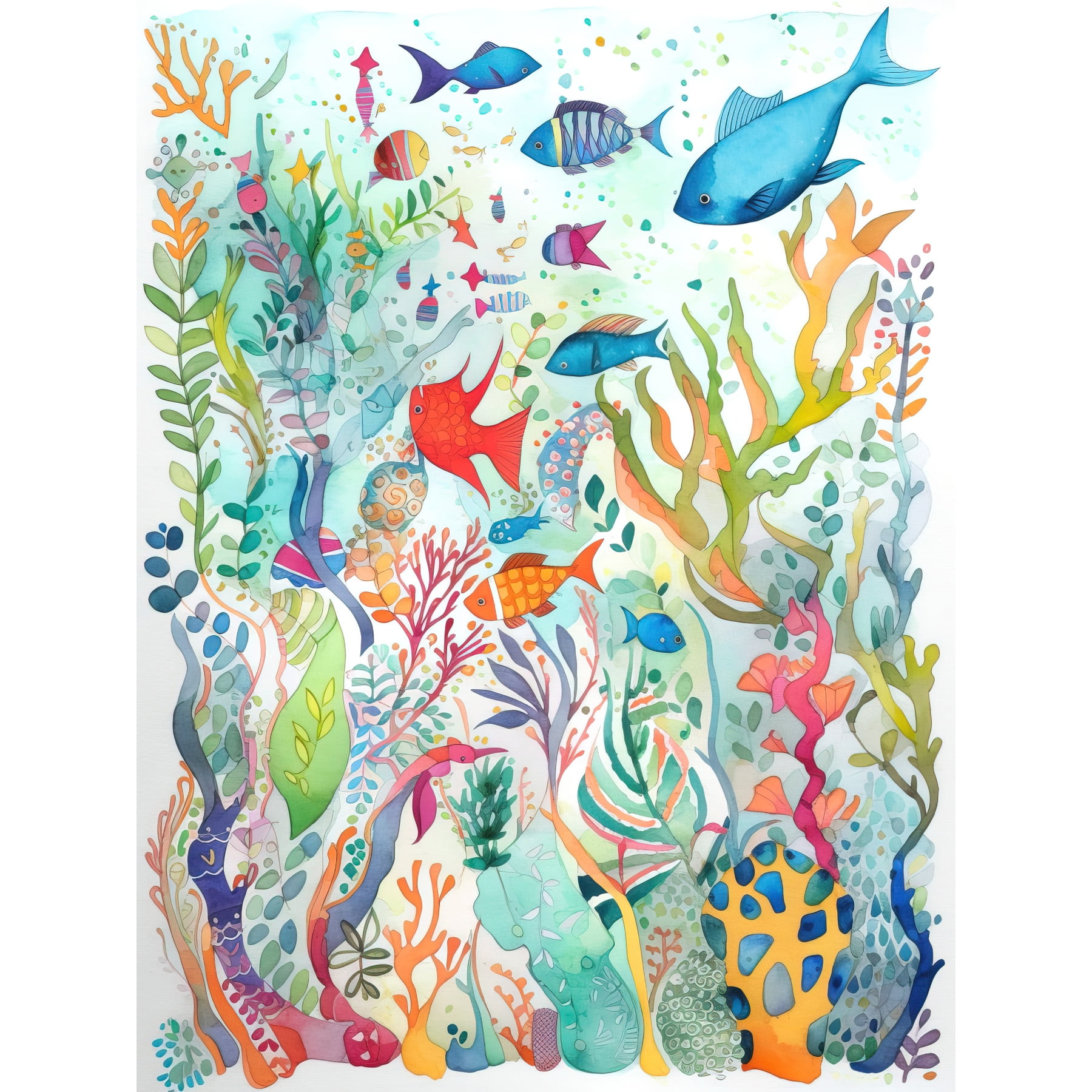 Aquatic Scene Marine Life Folk Art Watercolour Painting Extra Large XL ...