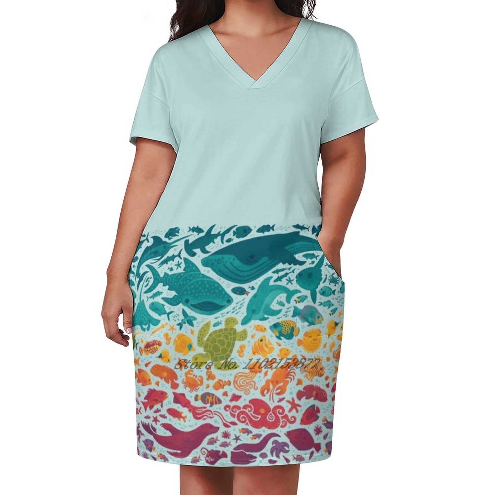 Aquatic Spectrum 2 : Light Blue Loose Pocket Dress Fashion Print Dress Short Sleeve V-Neck A ...