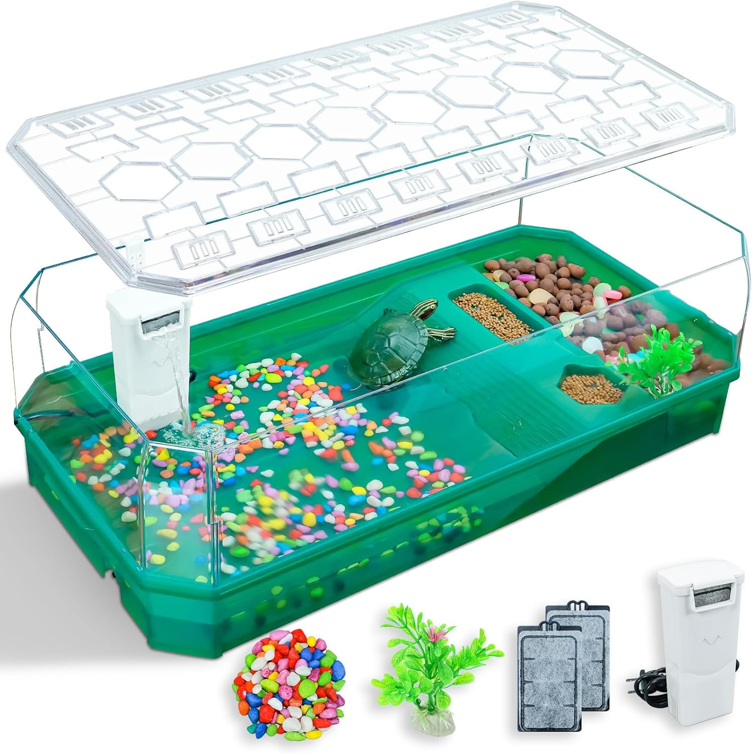 Aquatic Turtle Tank Habitat Kit Stone+Filter+Heat Lamp Enhancing ...