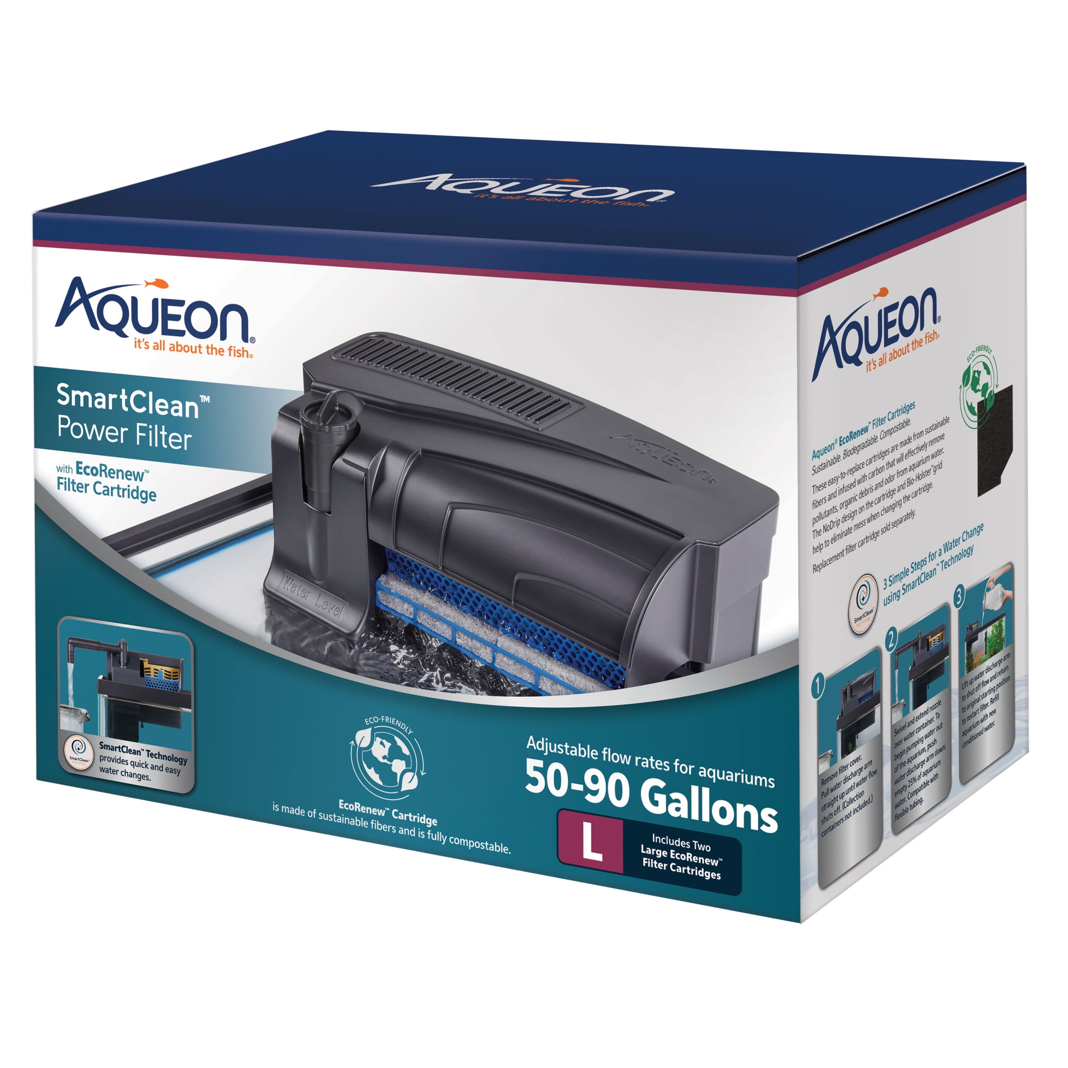 Aqueon SmartClean™ Power Filter with EcoRenew™ Filter Cartridge 50-90 ...