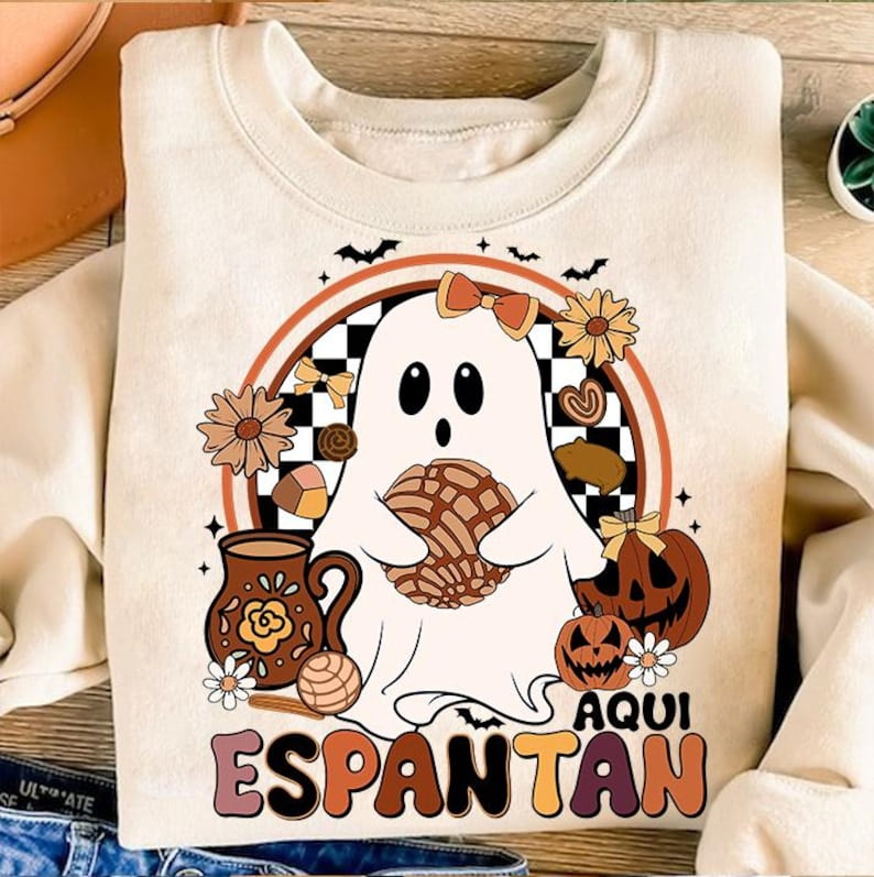 Aqui Espantan Halloween Sweater, Spanish Spooky Ghost Latina Mexican ...