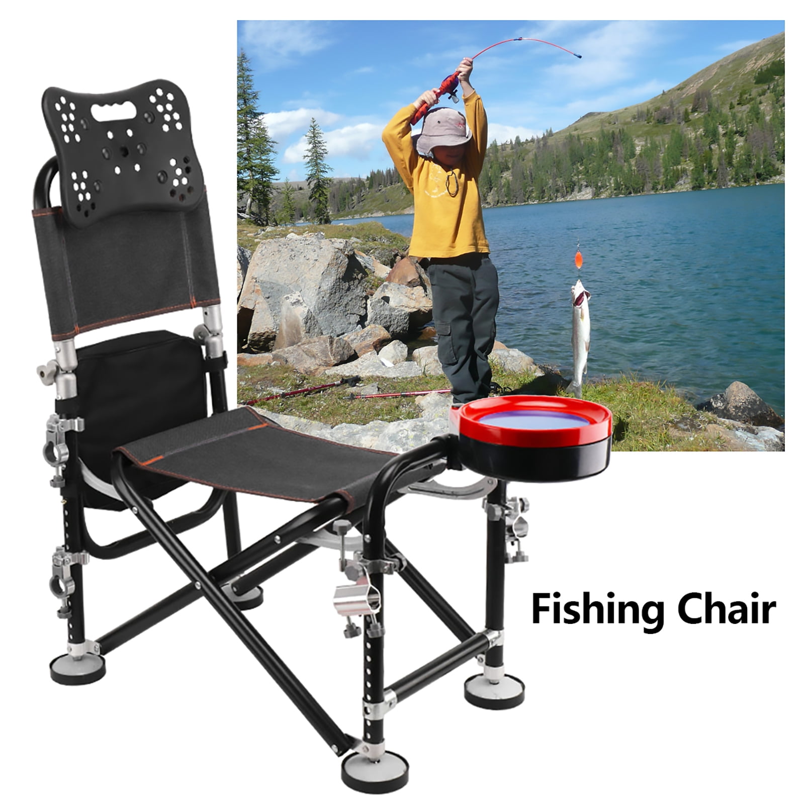 Aqyh Folding Fishing Chair with Rod Holder & Bait Tray Adjustable 300lb ...