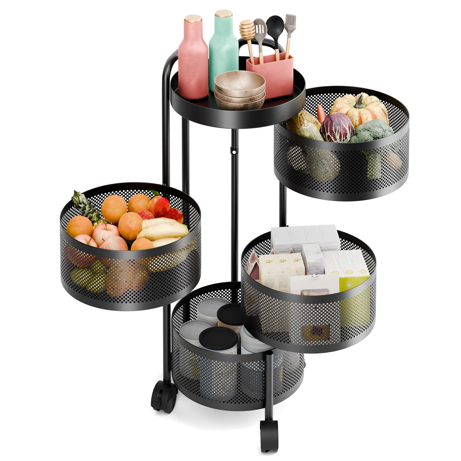 Aqyh Rolling Cart with Wheels, 4-Tier Fruit Vegetable Basket Kitchen ...