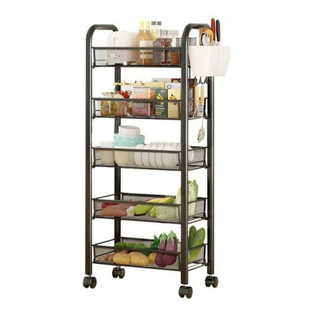 OKENTEN 5-Tier Rolling Storage Cart with Wooden Top & Mesh Baskets ...