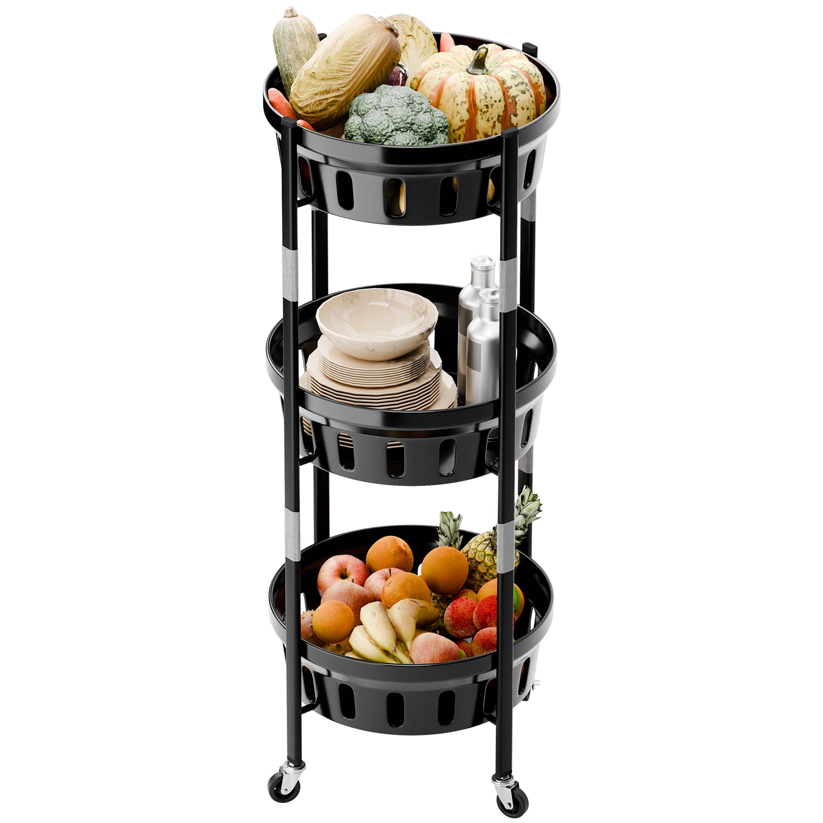Aqzb 3-Tier Rolling Cart Organizer, Steel Round Cart with Wheels ...