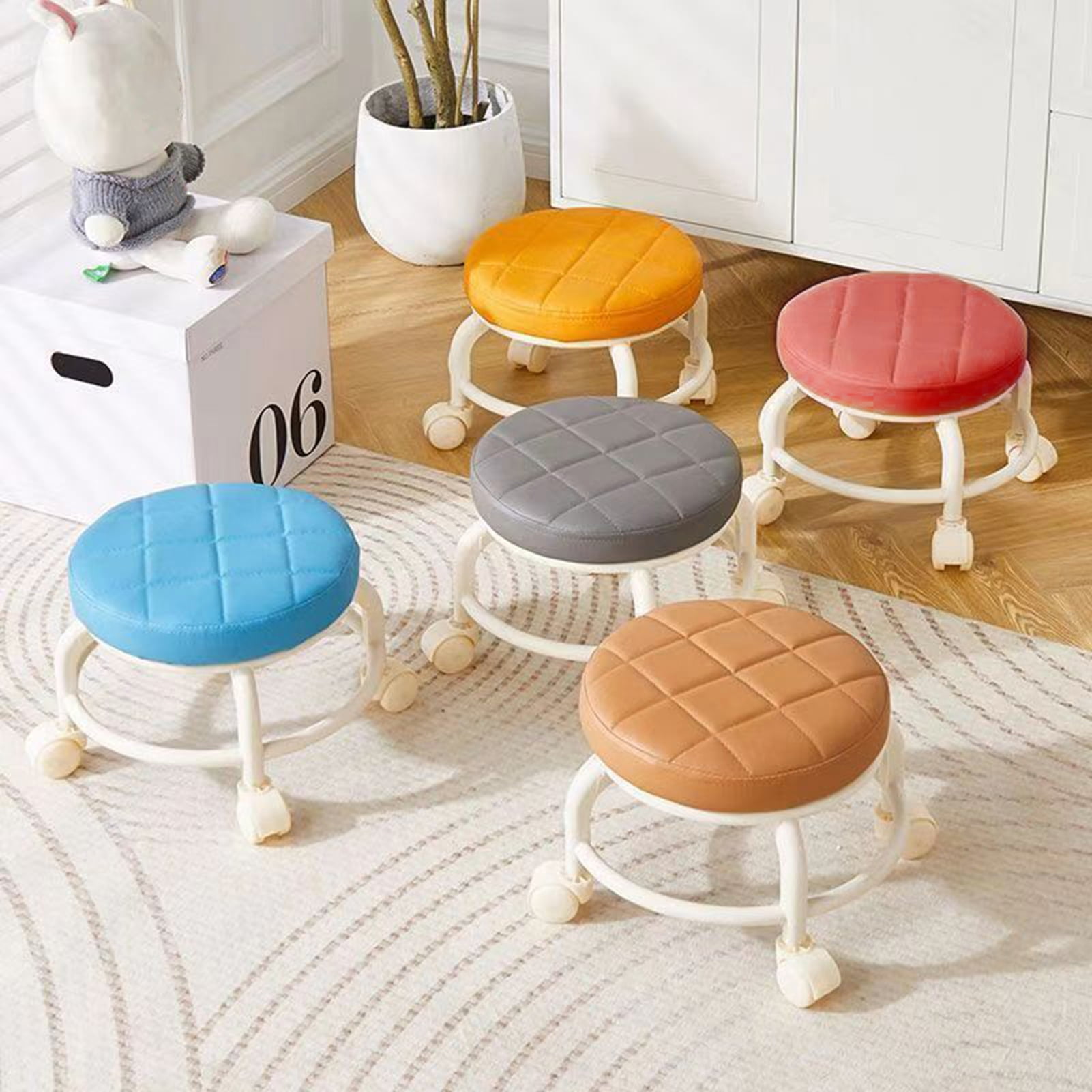 Aqzb Scoot Stool, Low Rolling Stool with 360 Degrees Swivel Wheels Faux ...