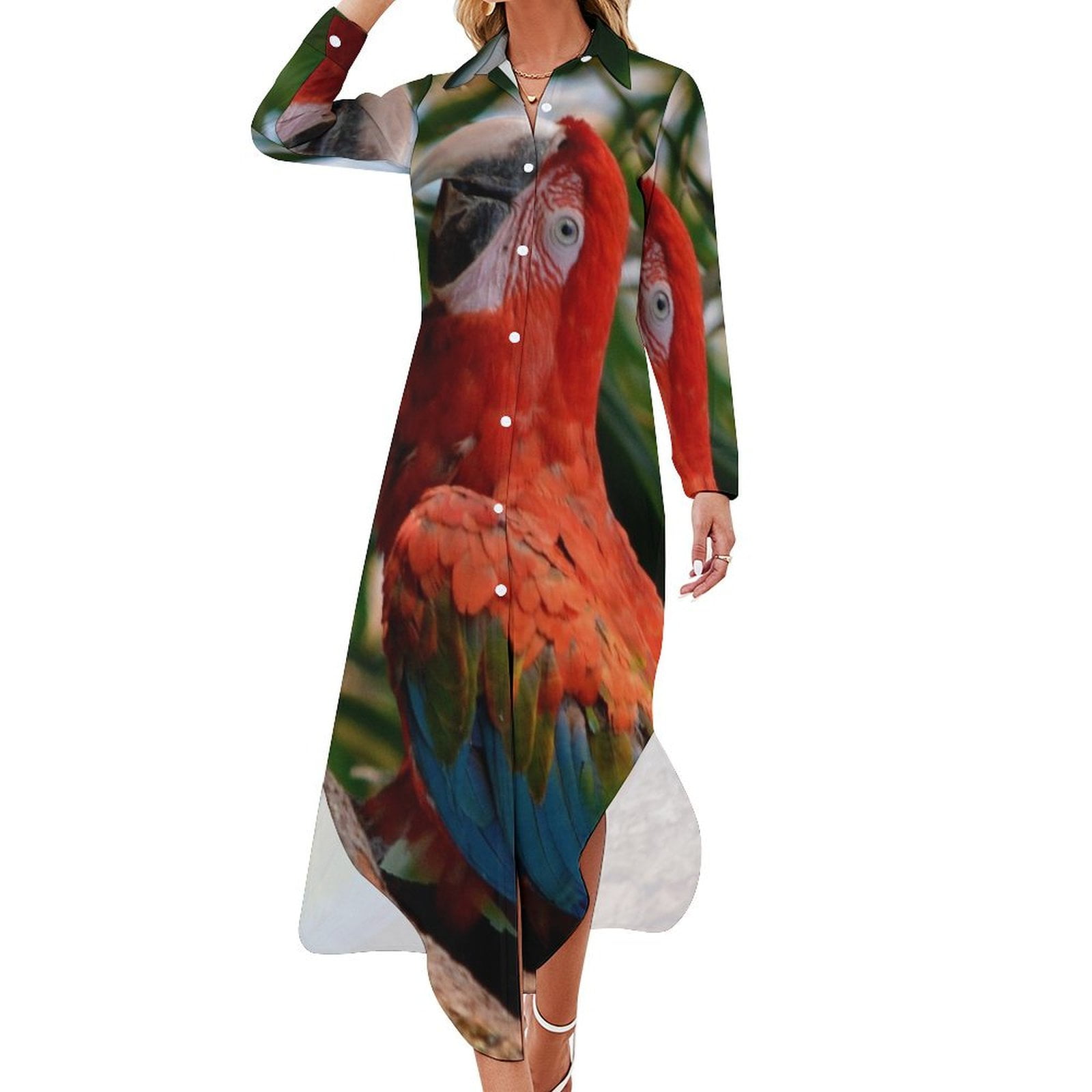Ara red-and-green macaw Long Sleeved Shirt Dress Elegant gown dress for ...