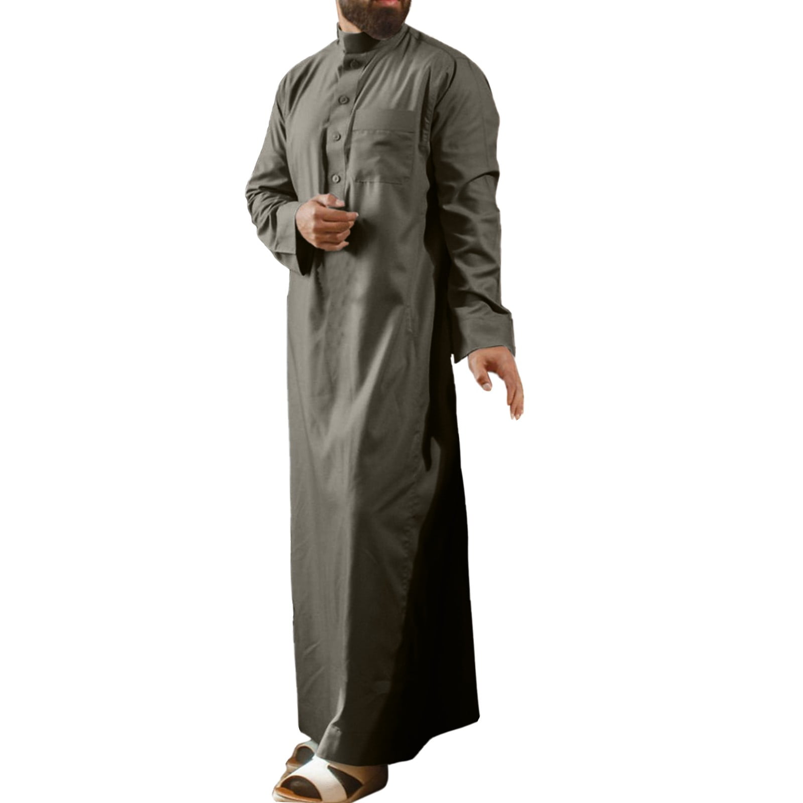 Arab Men's Solid Color Stand Collar Robe Pocket Traditional Long Sleeve ...
