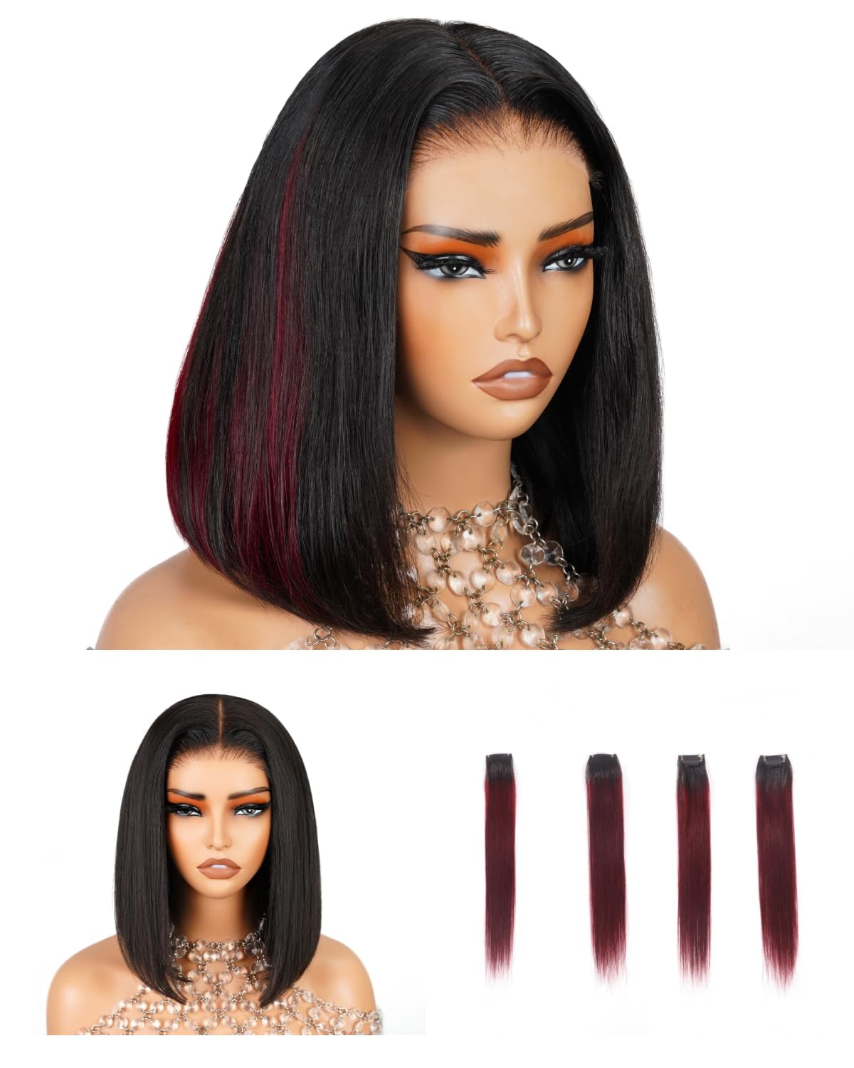 Arabella 12inch 6x6 Bob Wig Human Hair and Pcs 1B/99J Clip in Hair ...