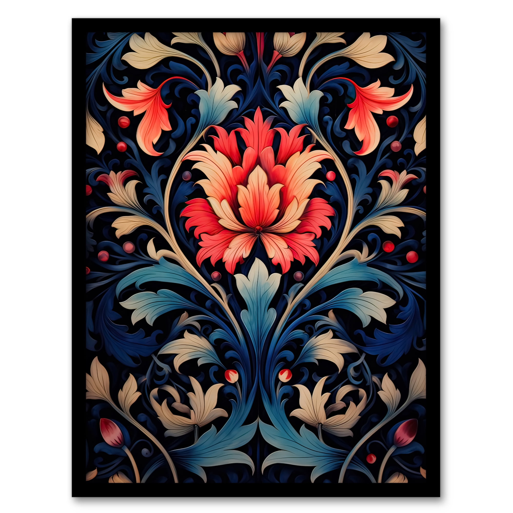 Arabesque Flower Design in Pink and Blue Ornate Symmetrical Floral ...