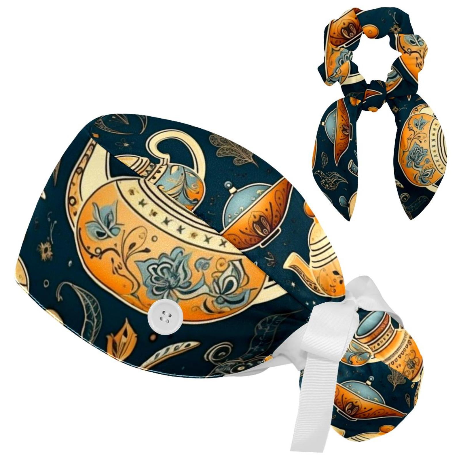 Arabian Tea Kettle Scrub Cap with Scrunchy and Buttons for Long Hair ...