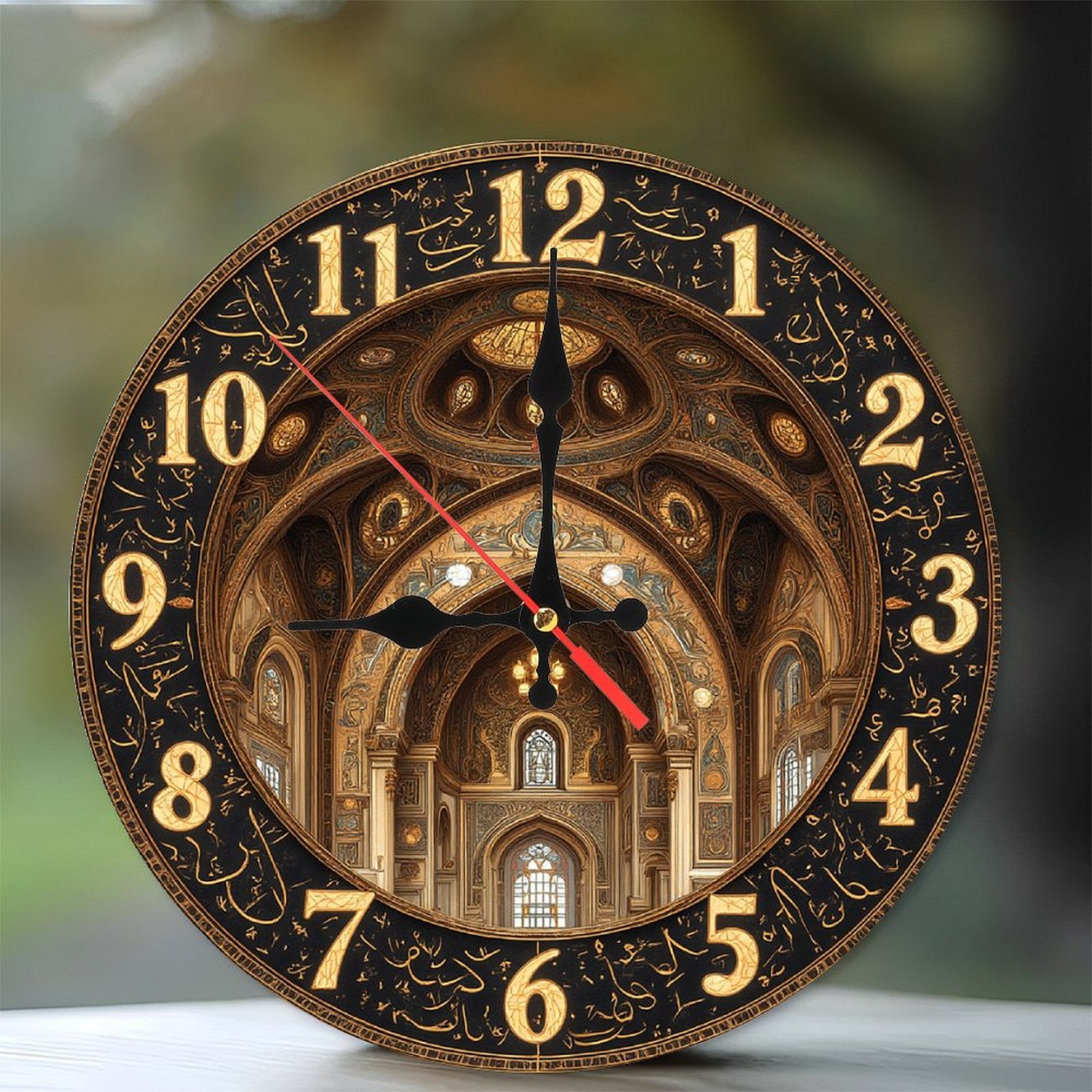Arabic Calligraphy Mosque Wall Clock Gold 10-Inch Silent Wooden Wall ...