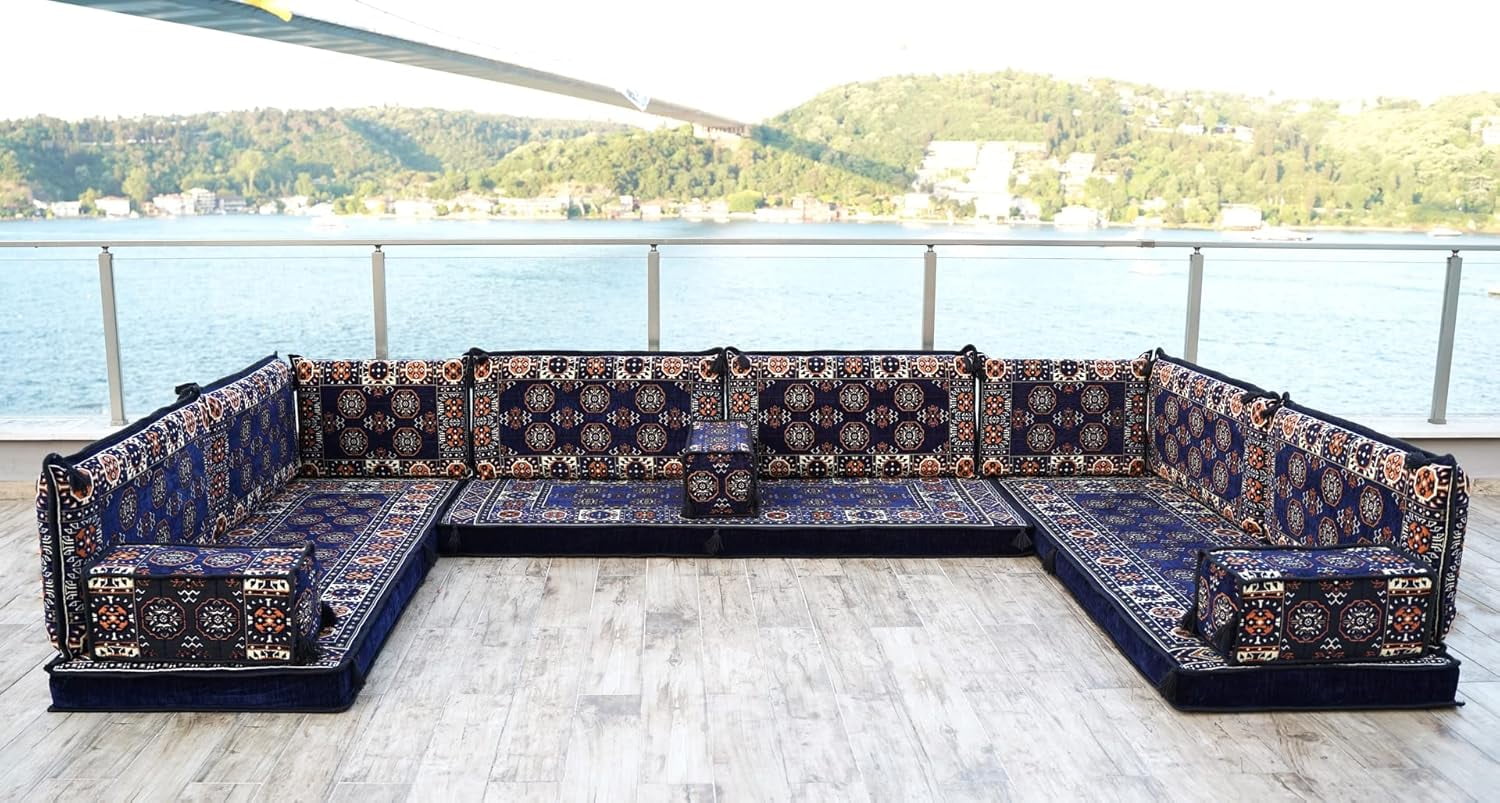 Arabic Floor Seating, U Shaped Sofa Bed, Diwan Sofa, Navy Blue Turkish ...