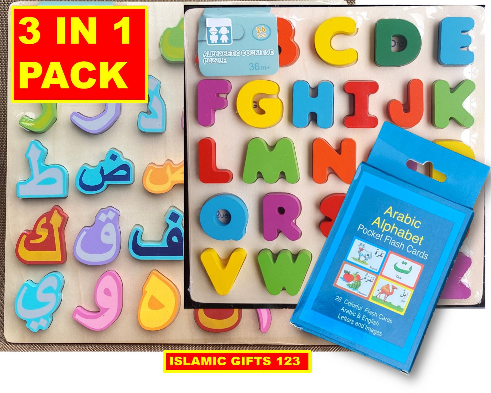 Arabic Puzzle+Arabic Flash Cards+English Wooden Puzzle (Set of 3 ...