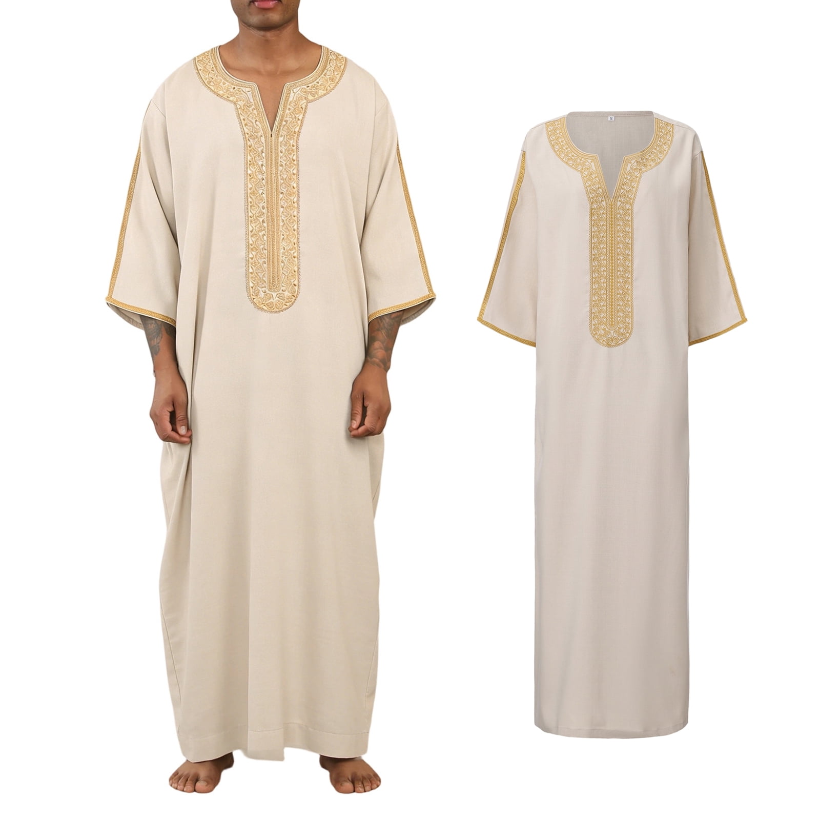 Arabic Thobe for Men Long Sleeve Embroidered Thobe Men Beige Thobe Men ...