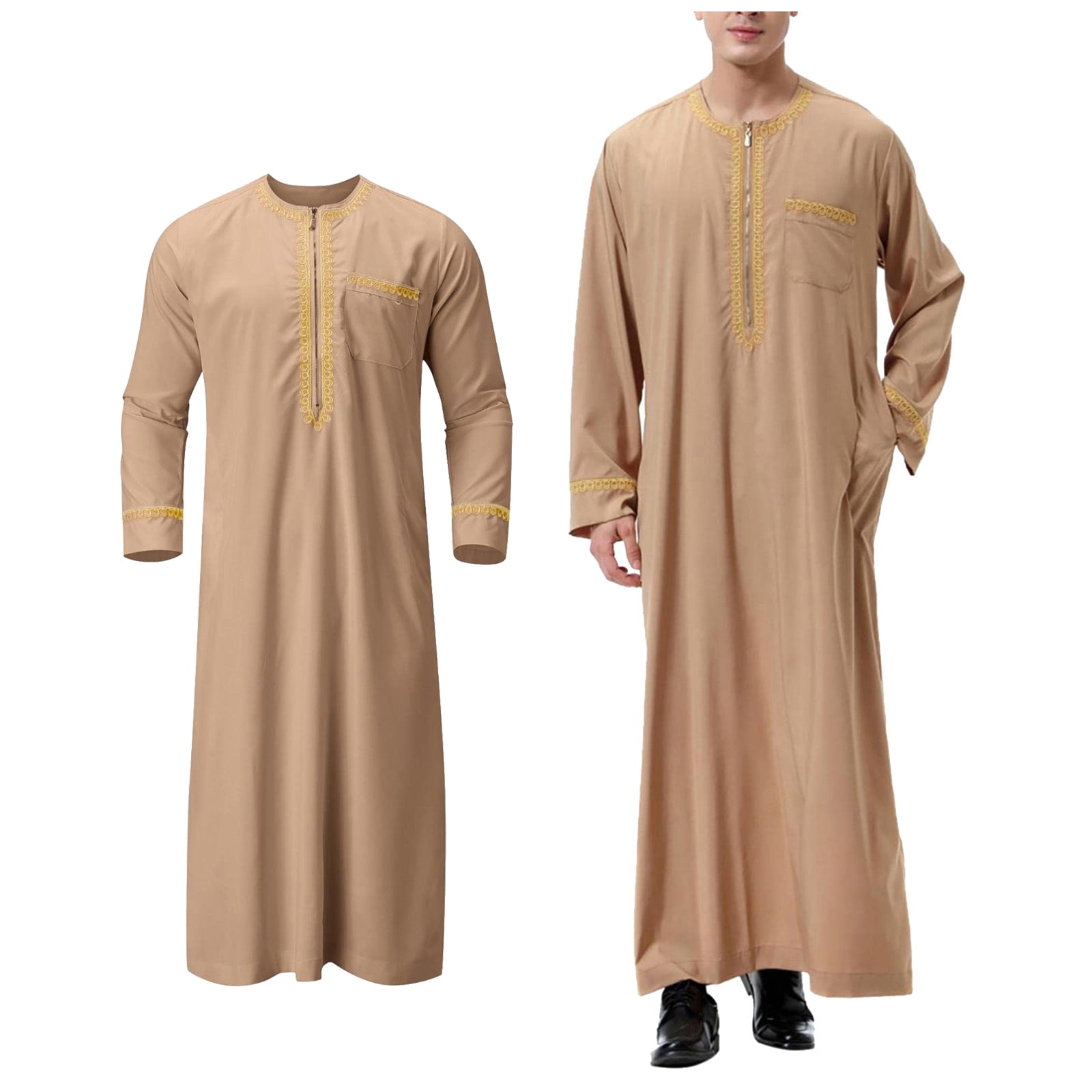 Arabic Thobe for Men Long Sleeve Zipper Kaftan Thobe with Pocket ...