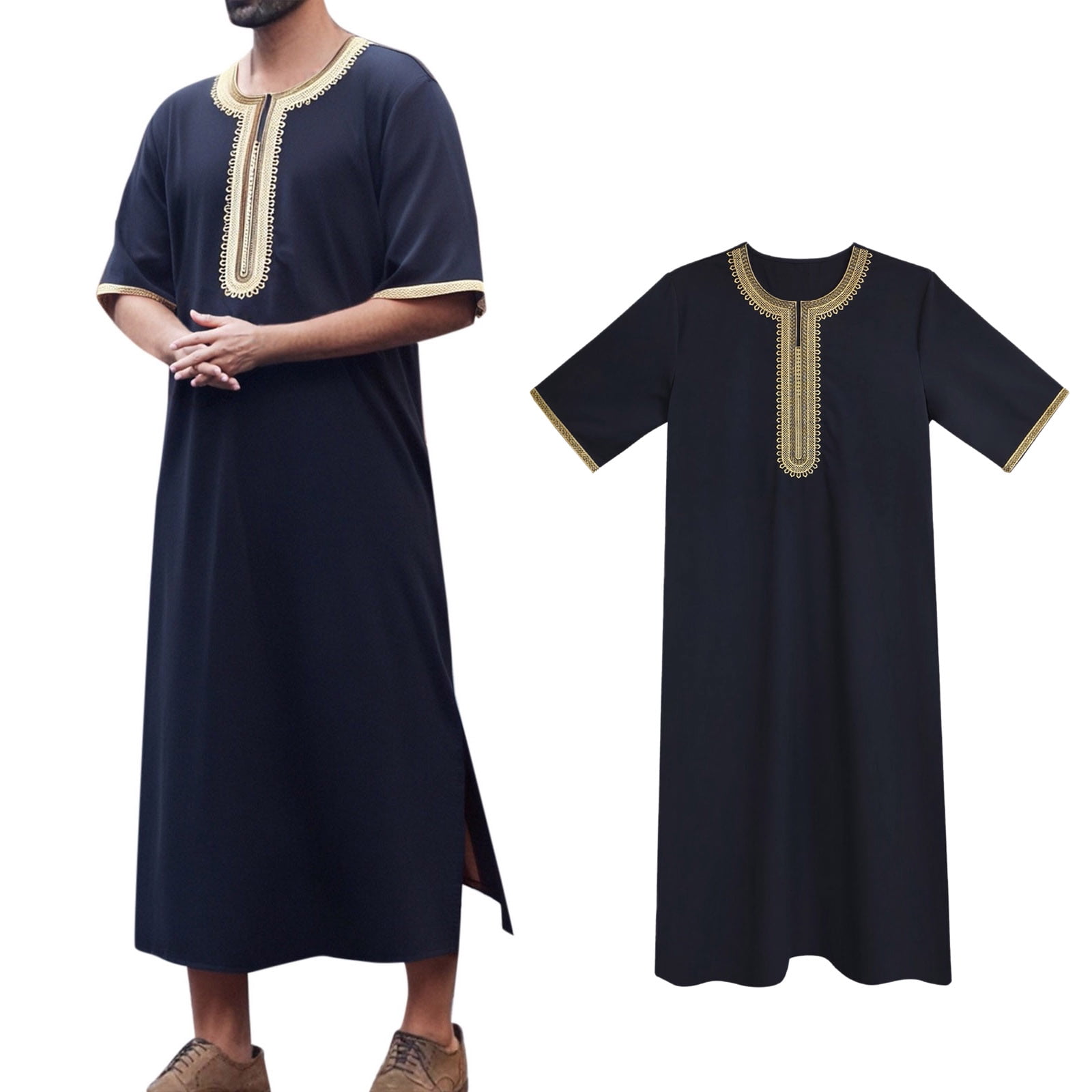 Arabic Thobe for Men Short Sleeve Embroidered Kaftan Thobe Navy Thobe ...