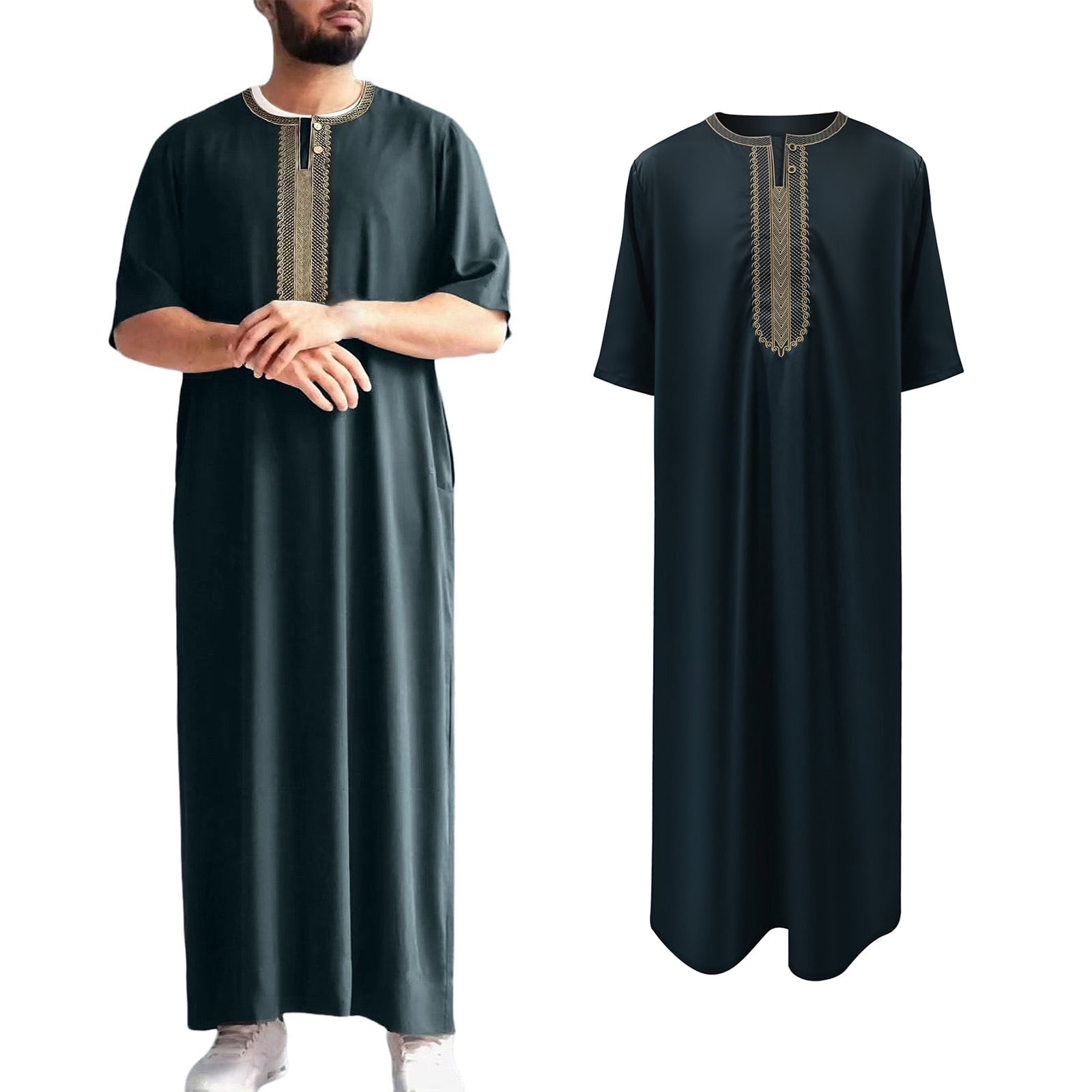 Arabic Thobe for Men Short Sleeve Embroidered Kaftan Thobe with Pocket ...