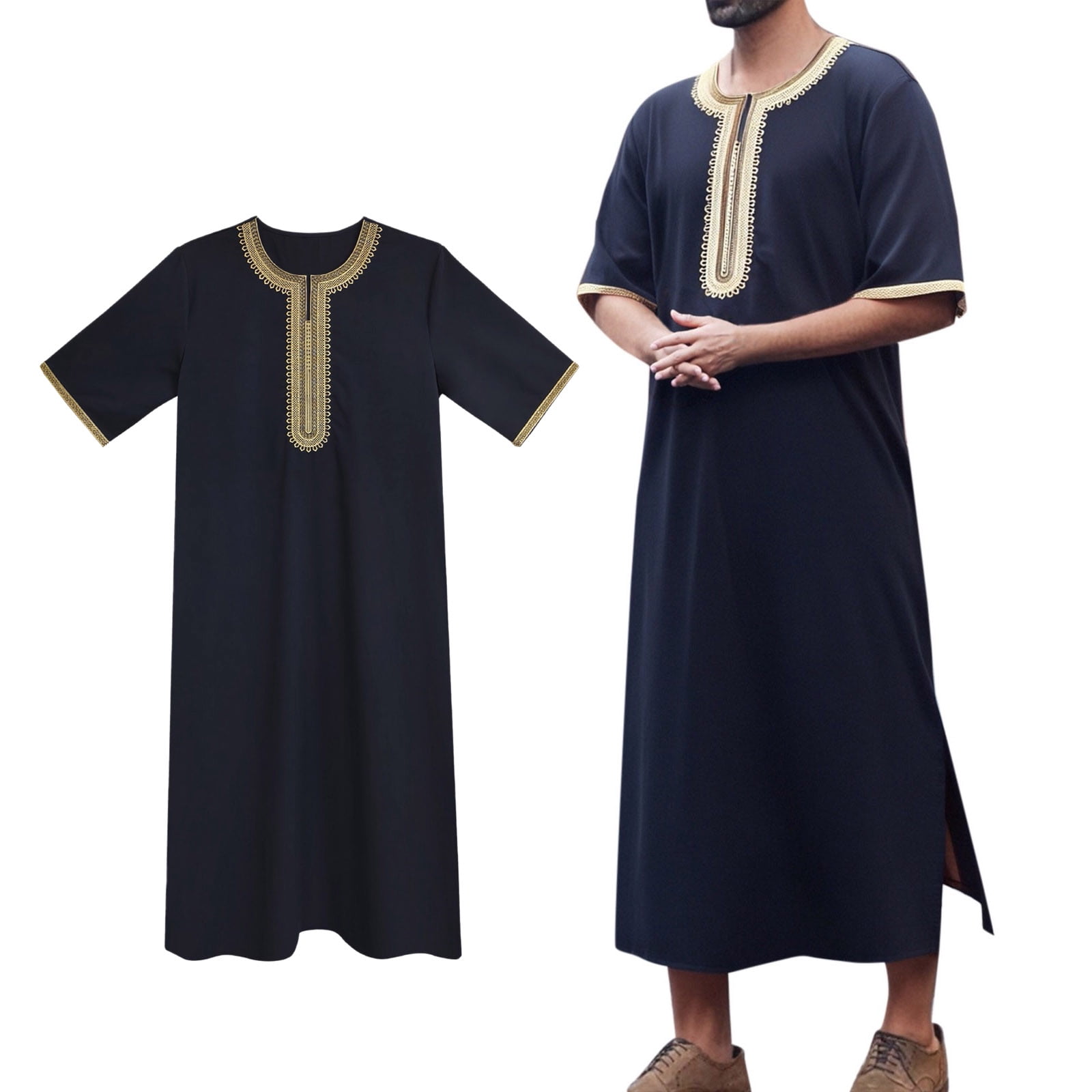 Arabic Thobe for Men Short Sleeve Embroidered Thobe Navy Thobe Men Eid ...