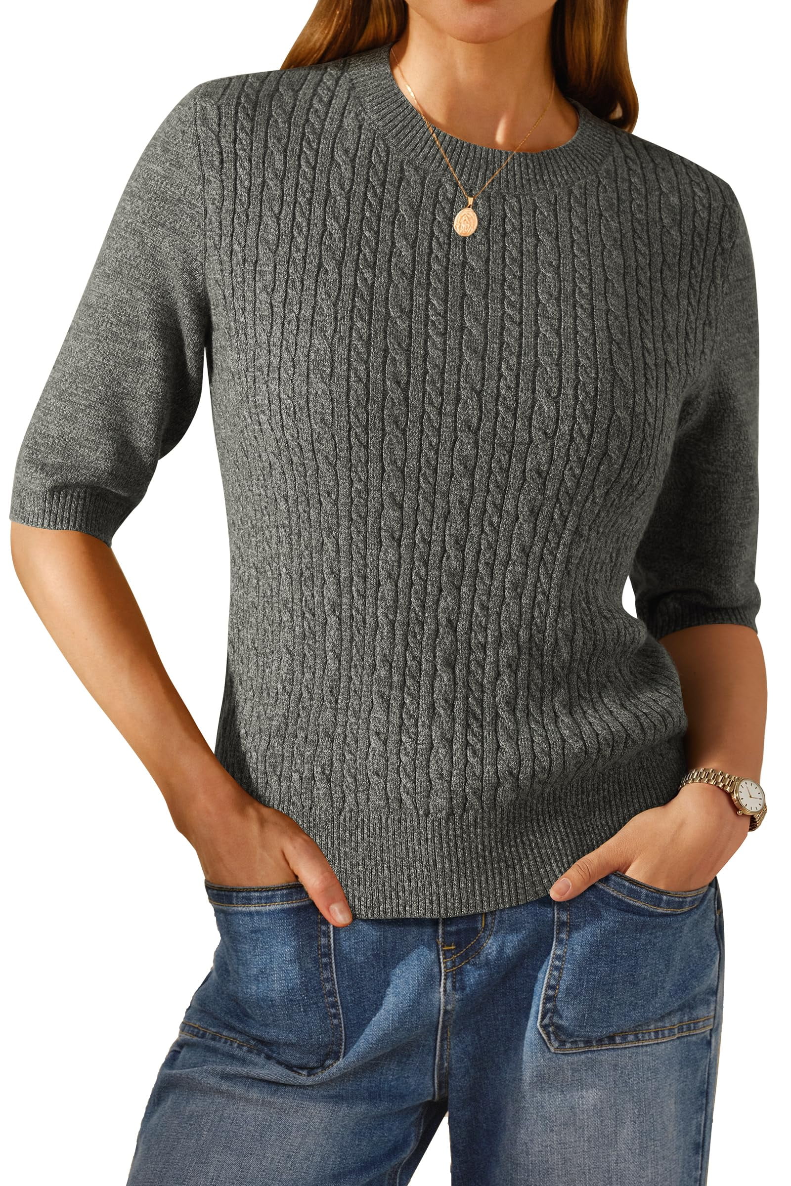 Arach&Cloz Women's Wool Blend Old Money Cable Knit Elbow Sleeve ...