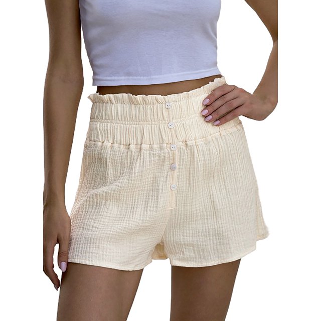 Arainlo Womens Casual Summer Shorts Smocked Elastic Waist Comfy Button
