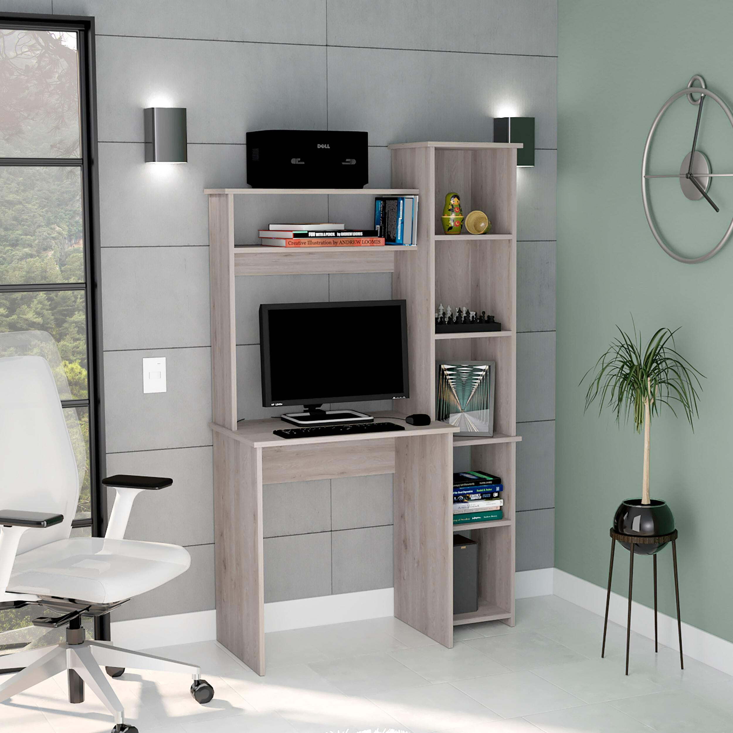 Aramis Desk, Five Shelves, Two Superior Shelves, Light Gray Gray ...
