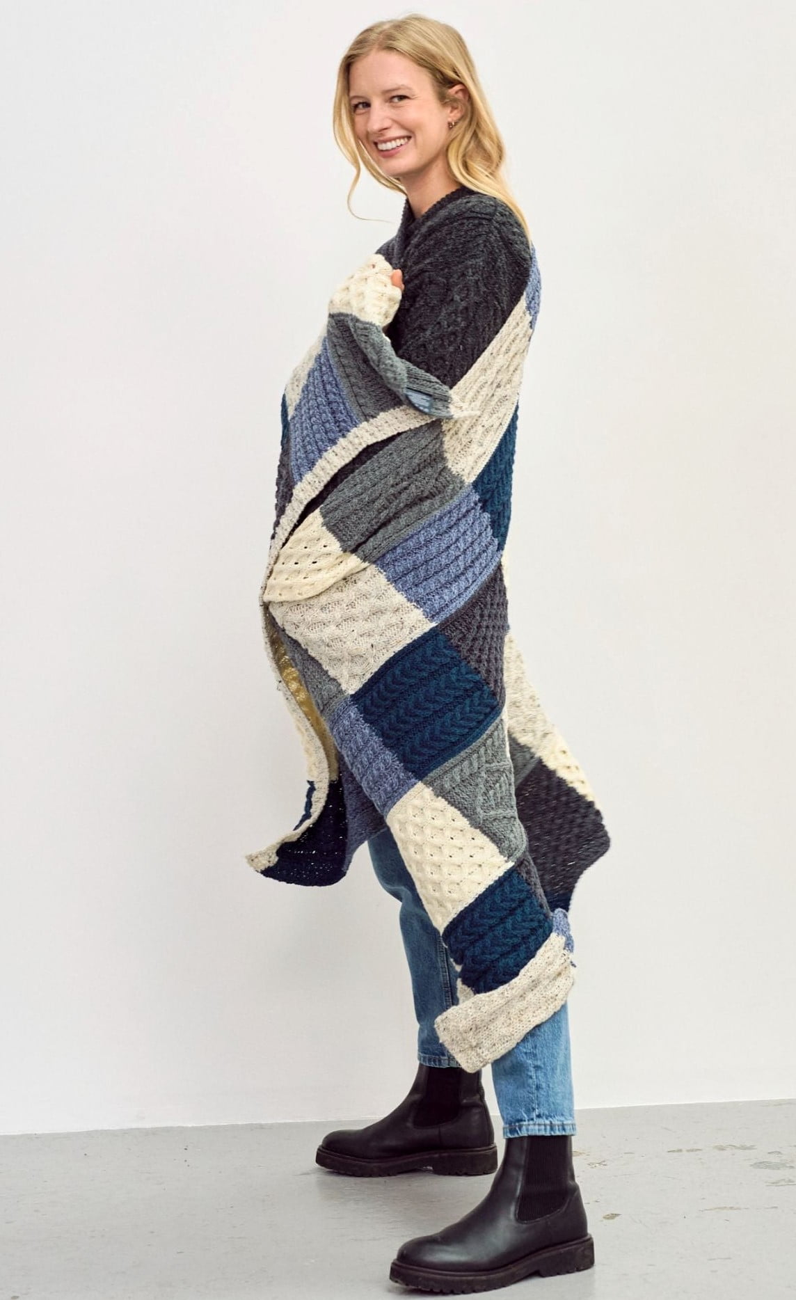 Aran 100% Merino Wool Patchwork Blanket Intarsia Throw 60"x40" Made in ...