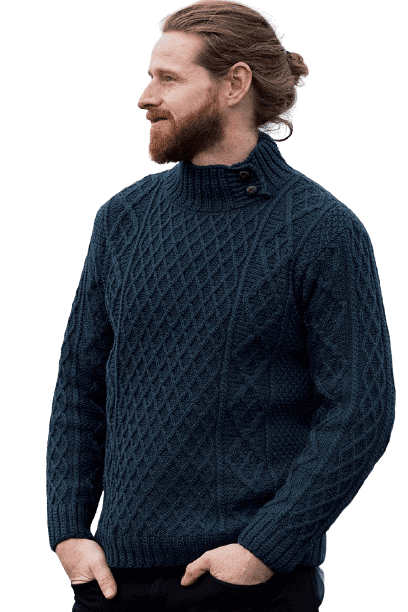 Aran Button Collar Irish Sweater 100% Merino Wool Men`s Cable Knitted ...