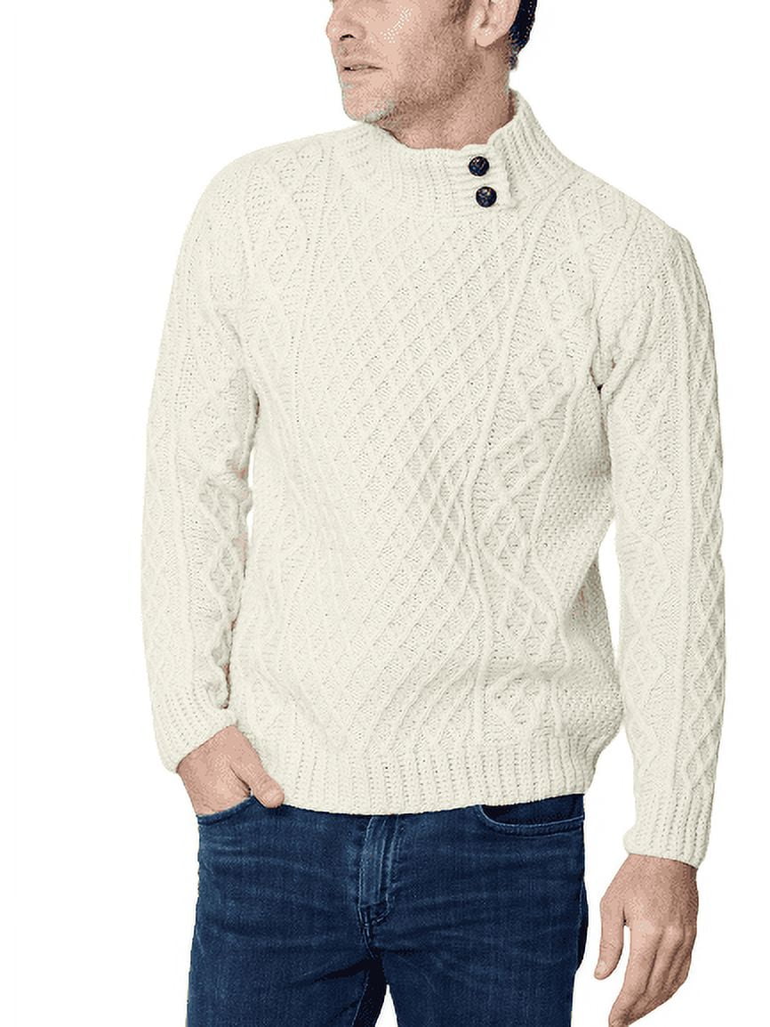Aran Button Collar Irish Sweater 100% Merino Wool Men`s Cable Knitted ...