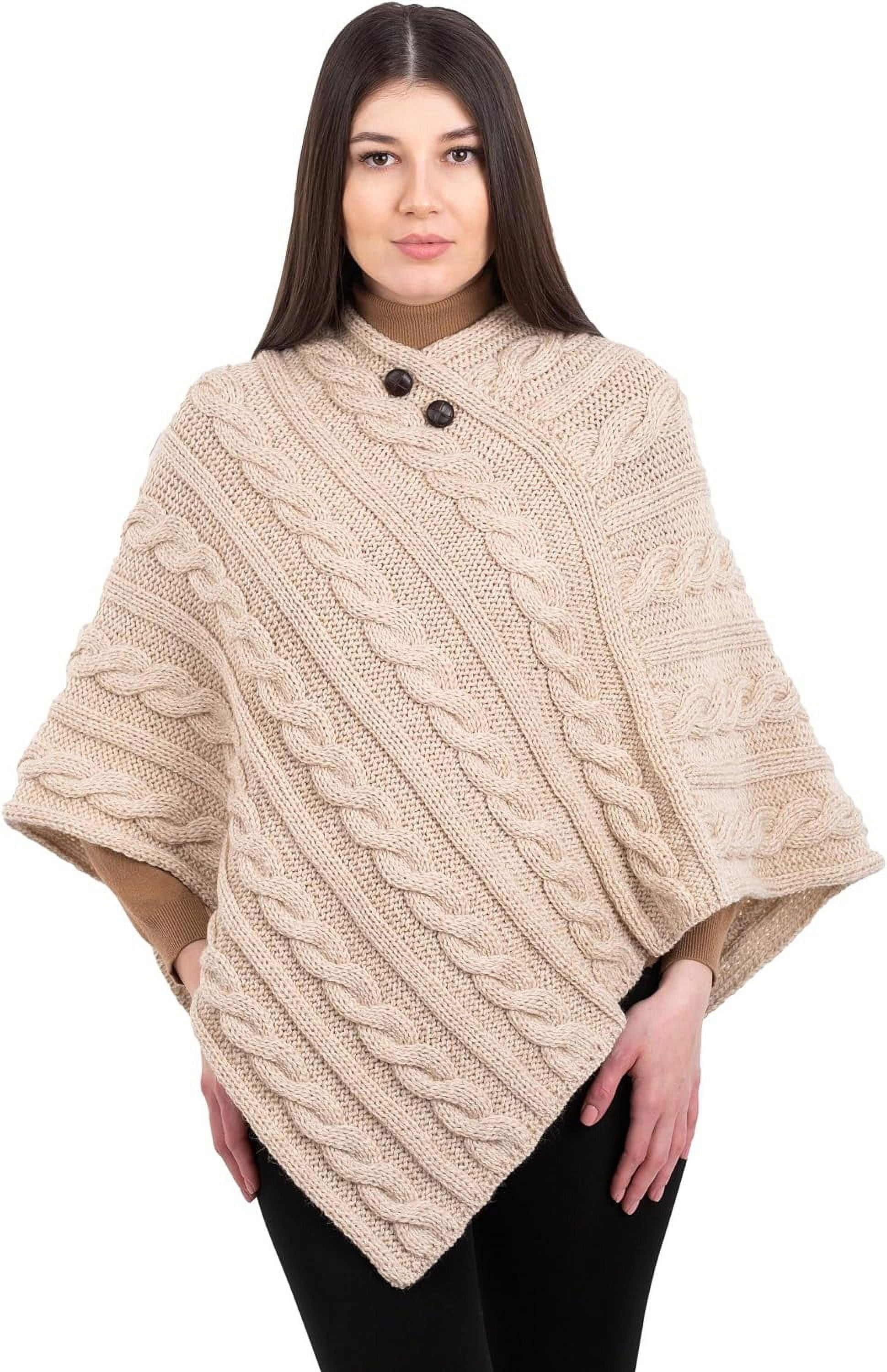 Aran Isle Ladies Irish Aran Cable Knit Buttoned Poncho- 100% Virgin Wool - Walmart.com