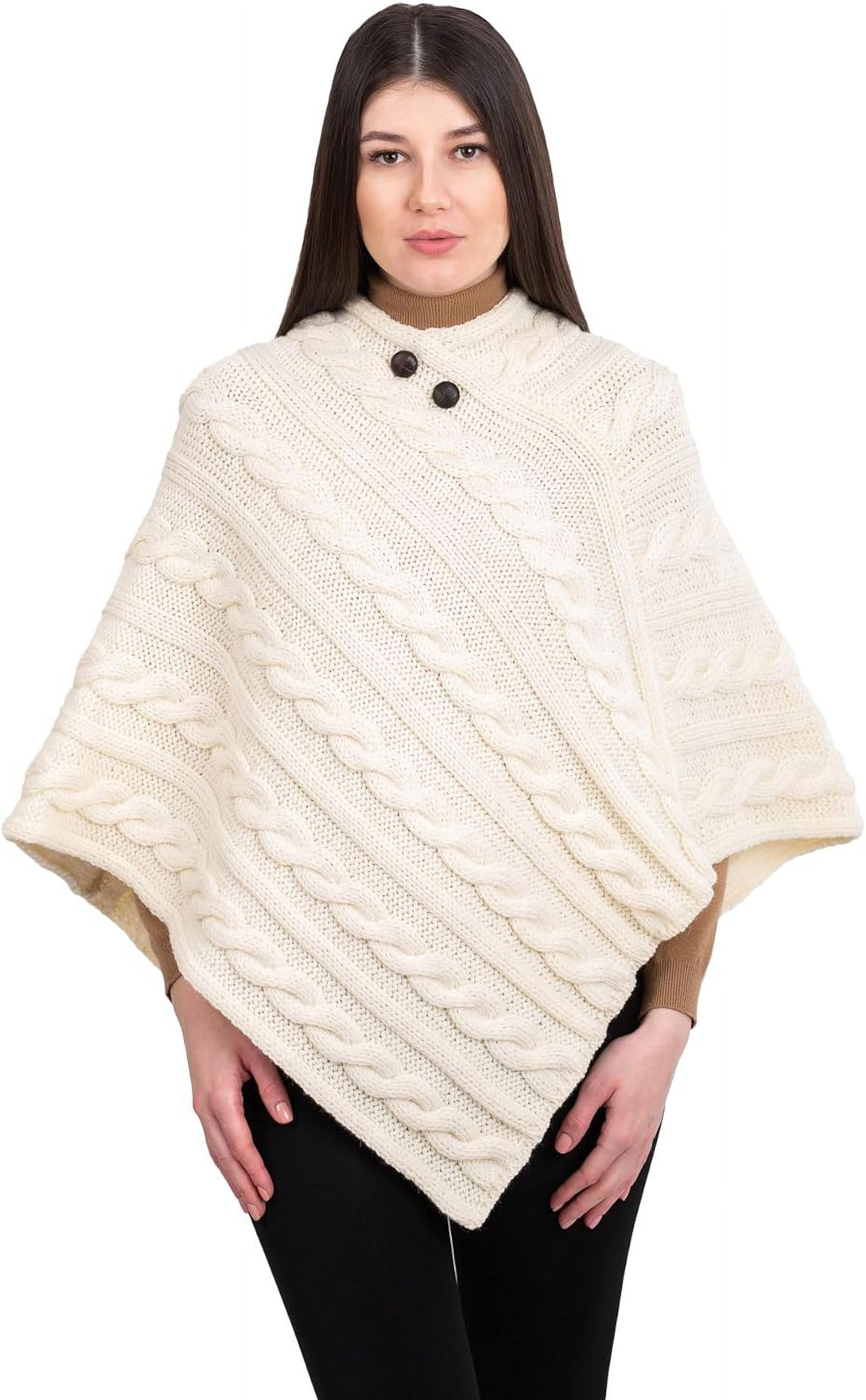 Aran Isle Ladies Irish Aran Cable Knit Buttoned Poncho- 100% Virgin ...