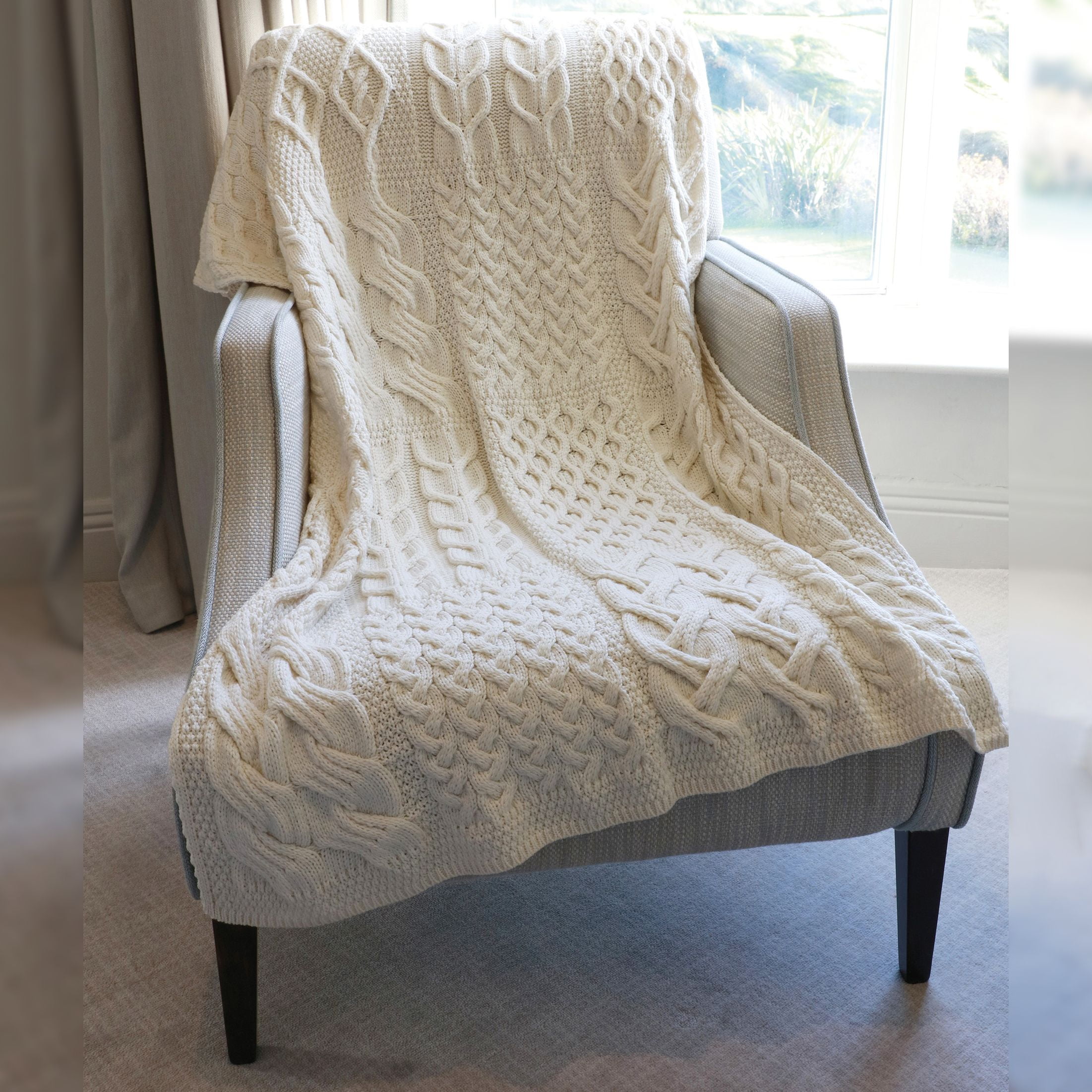 Aran Throw 100% Merino Wool Cable Knitted Patchwork Blanket 42" x 64 ...