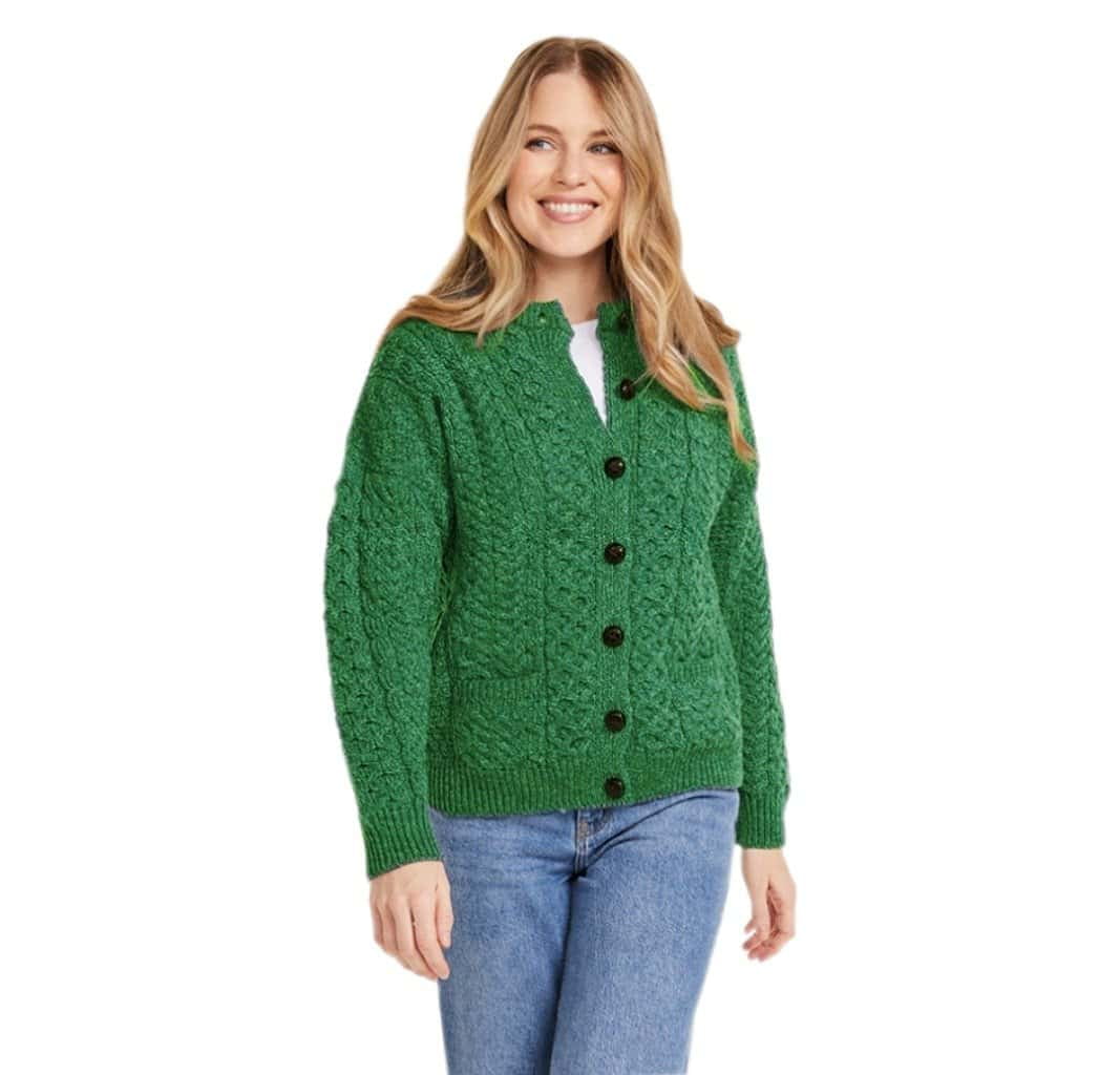Aran Woollen Mills Ladies Irish Wool Cardigan, Made in Ireland, Green ...