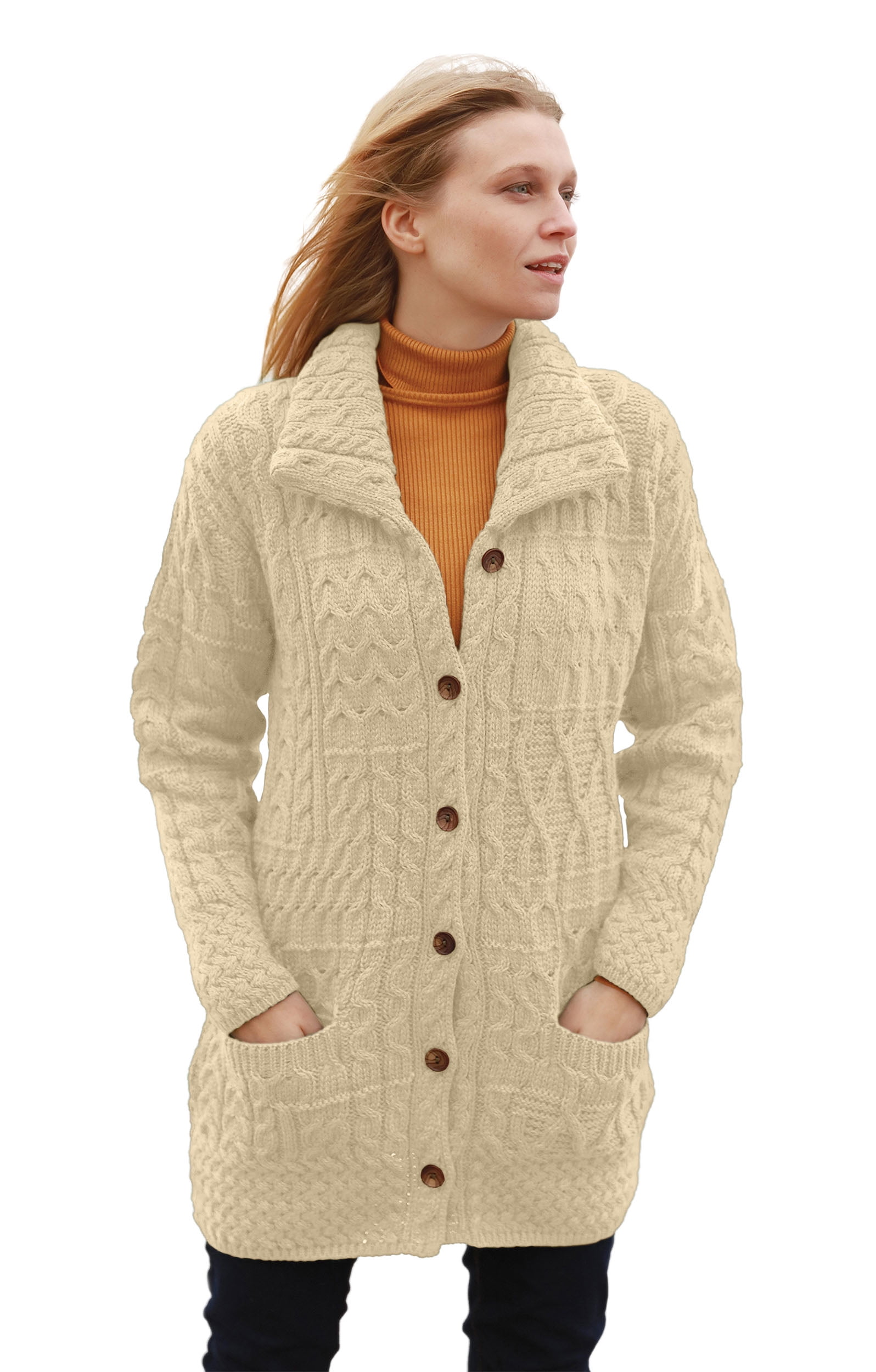 Aran Woollen Mills Women 100% Merino Wool Buttoned Irish Funnel Neck ...