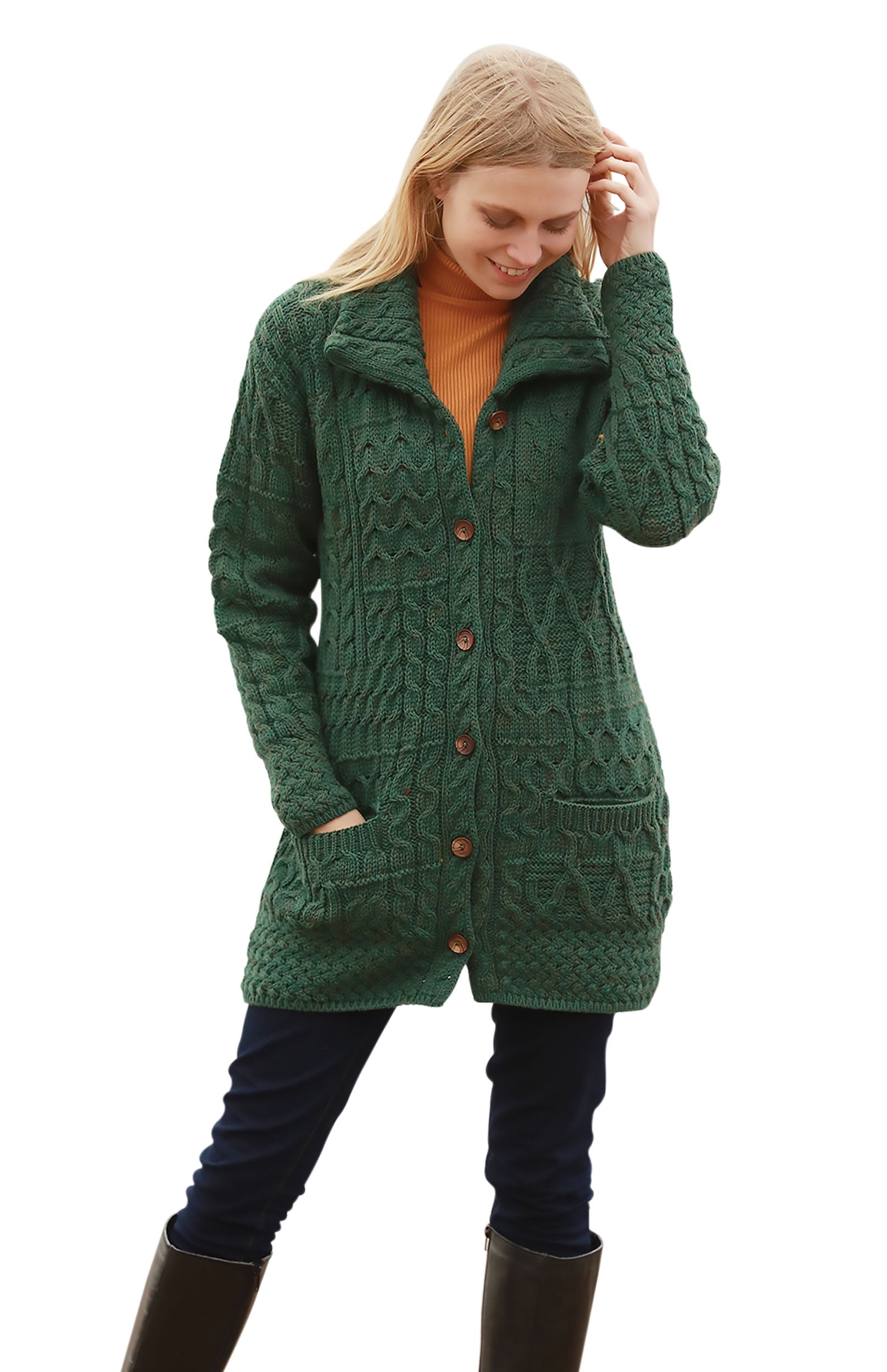 Aran Woollen Mills Women's Knitted Sweater, Button Funnel Neck Cardigan ...