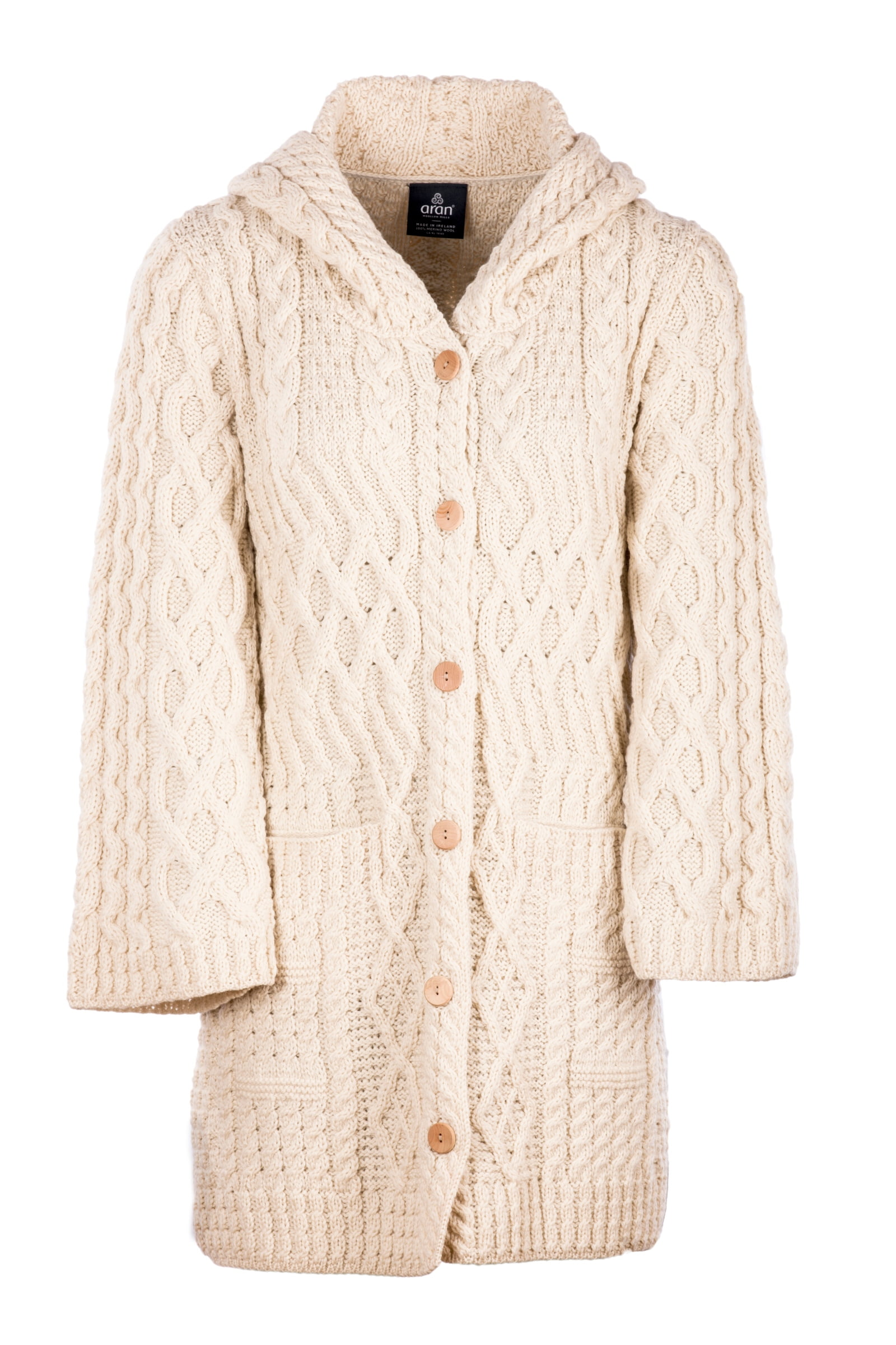 Aran Woollen Mills Women's Long Cardigan w/ Hood & Pockets 100% Merino ...