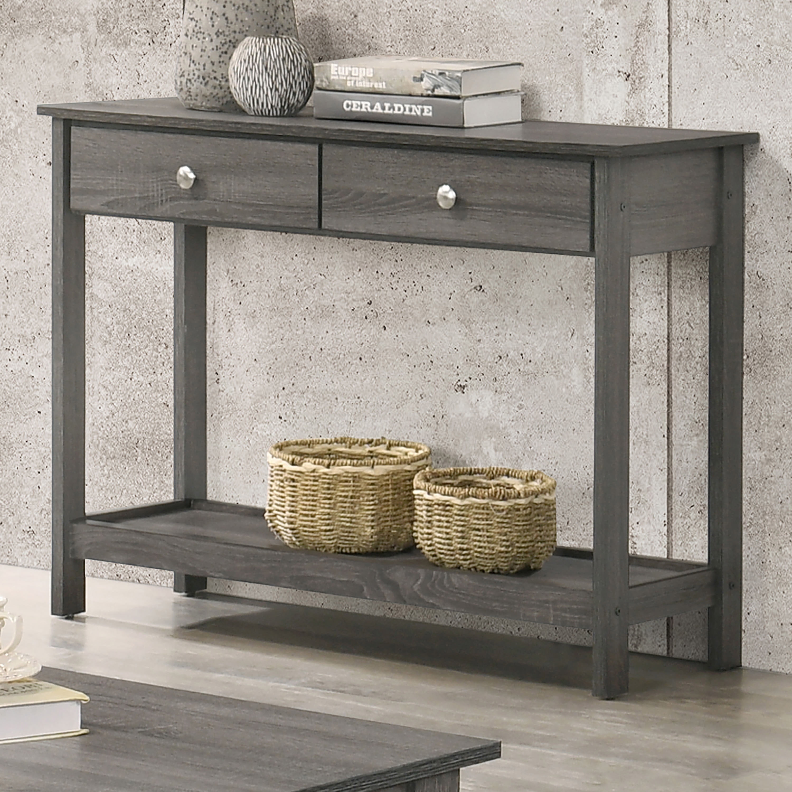 Aranda 2-Drawer and 1-Shelf Wood Rectangle Console Table, Gray ...