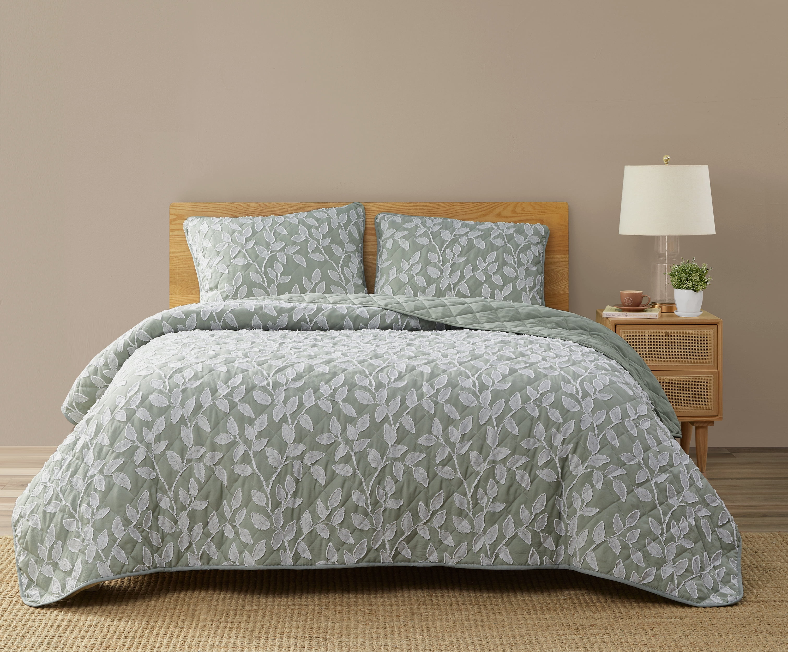 Arbor Sage Green 3-Piece Leaf Clipped Texture Quilt Set - King ...