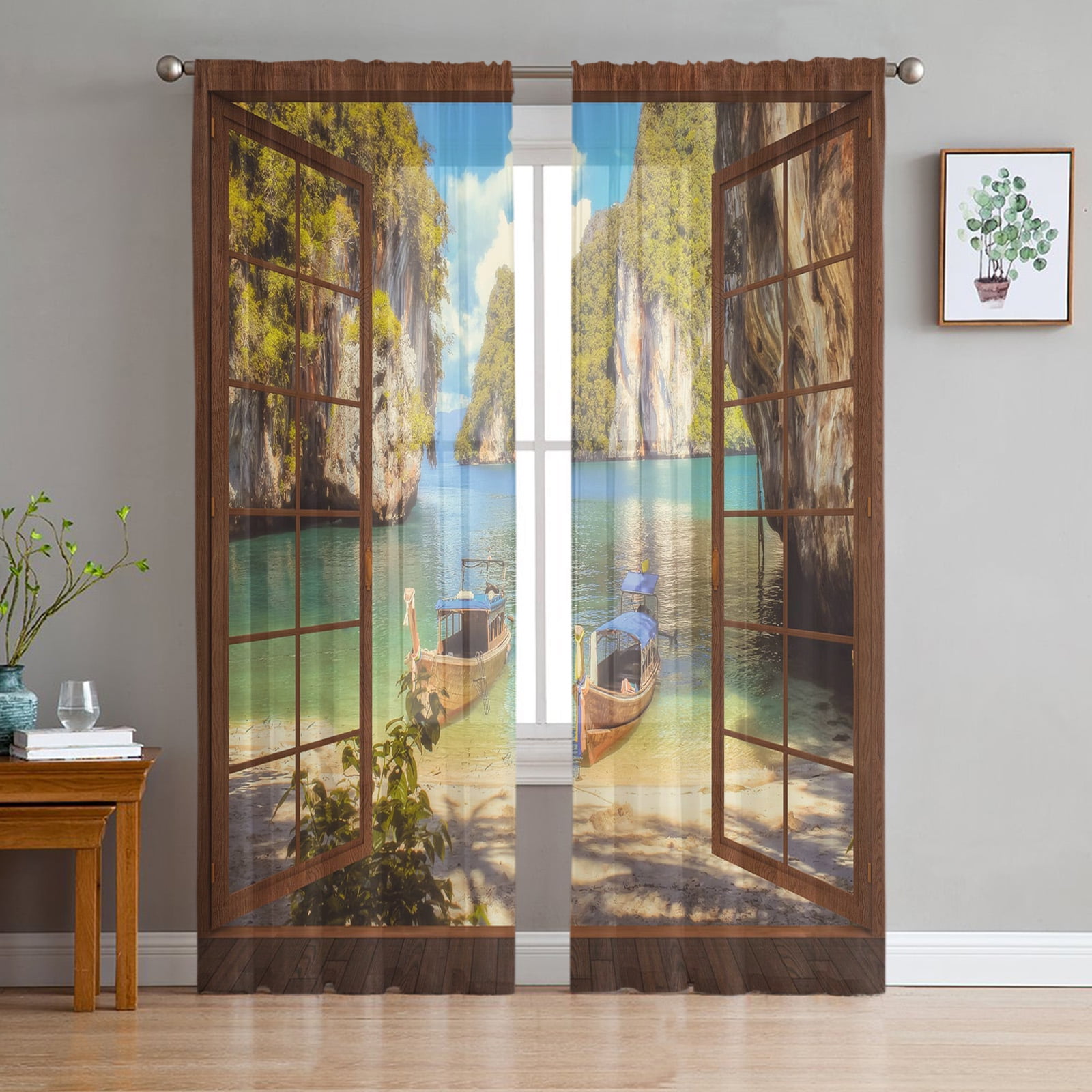 Arbor Tree Lake Landscape Sheer Voile Curtain For Living Room ...