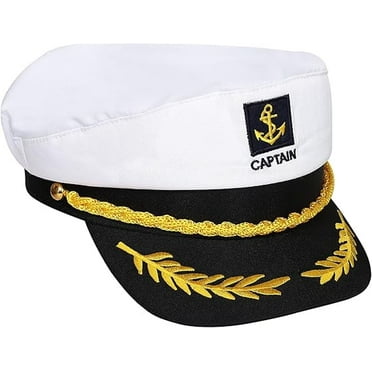 White Cotton Admiral Captain Hat: Sailor Yacht Marine Gold-Accented Cap ...