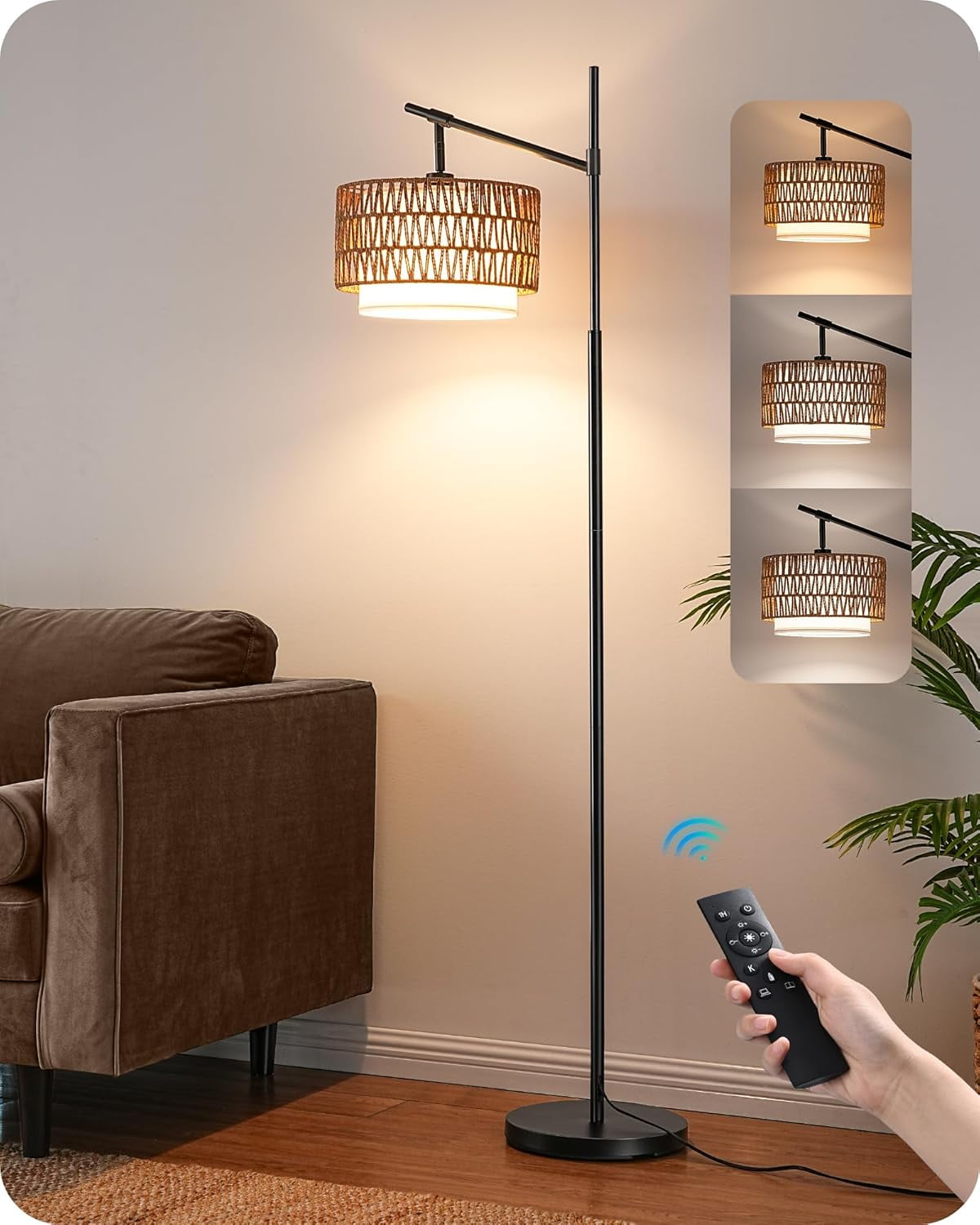 Arc Dimmable Floor Lamp with Rattan and Fabric Shades, 5 Color ...