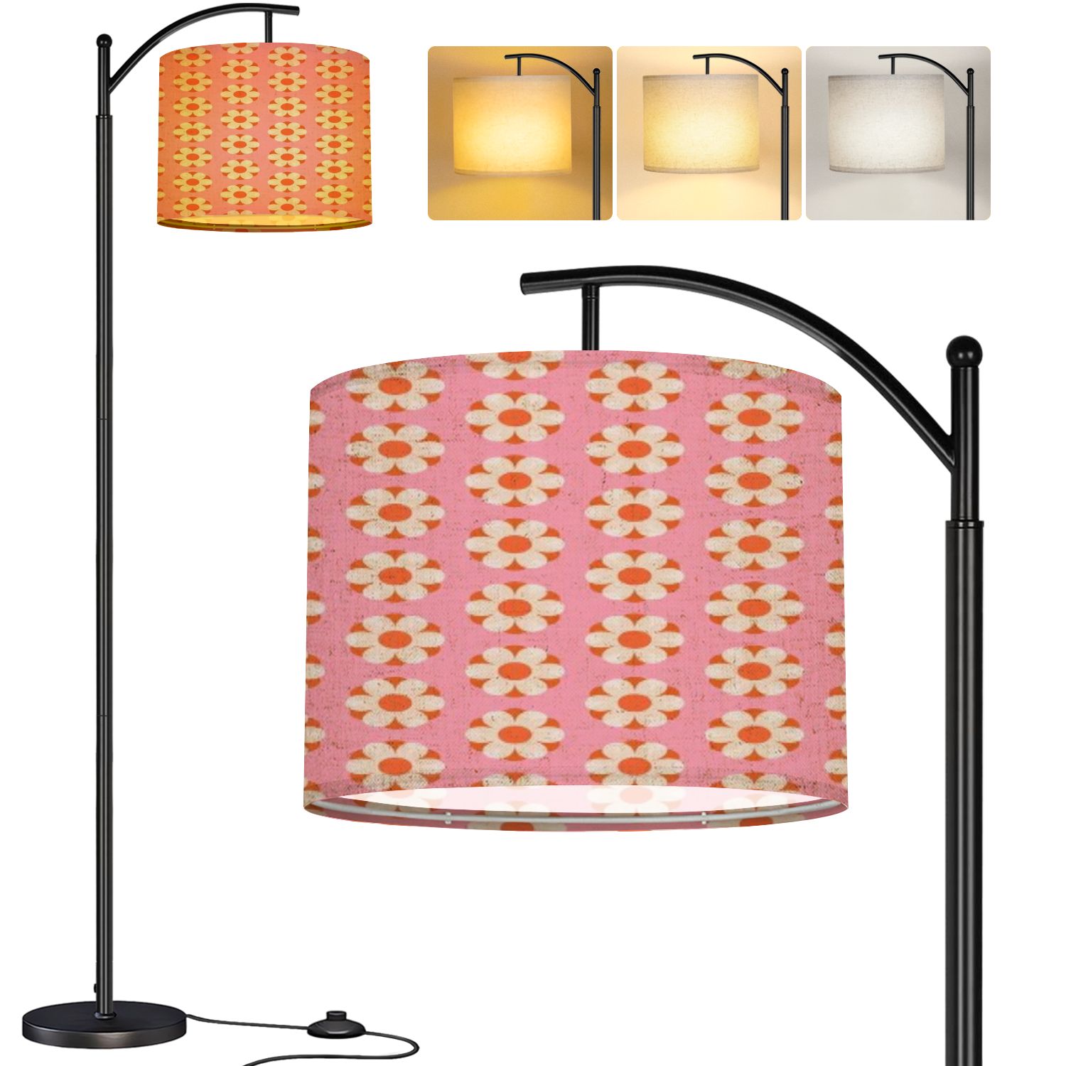Arc Floor Lamp 70s Retro flower power pattern Tall Modern Standing Lamp ...
