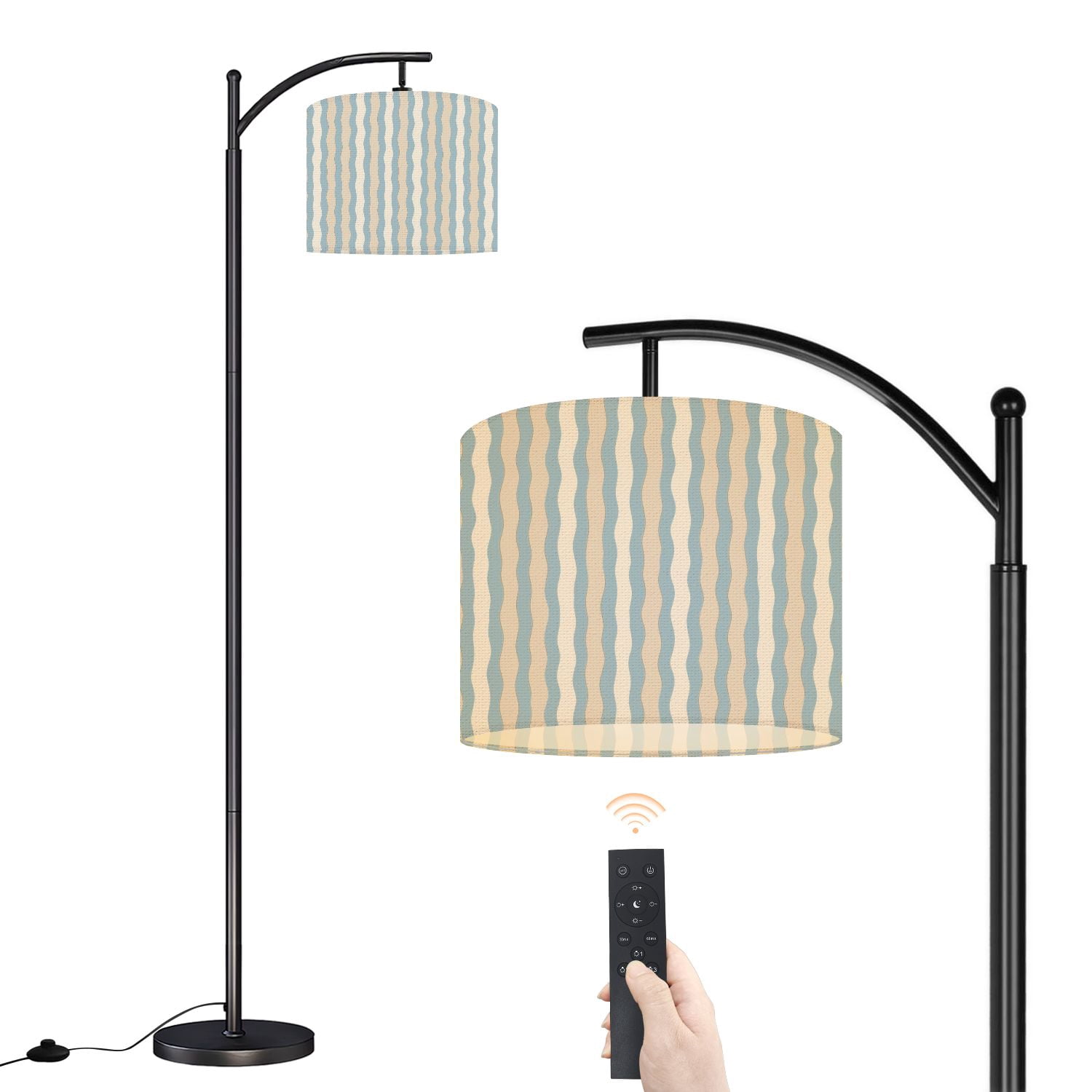 Arc Floor Lamp with Adjustable Lampshade Abstract Wavy Soft Cream Blue ...