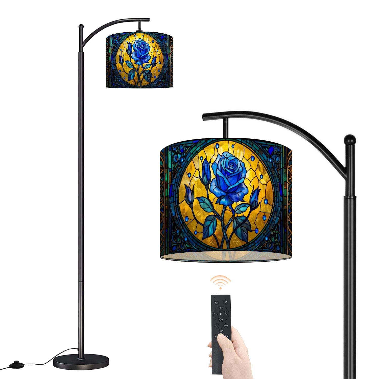 Arc Floor Lamp with Adjustable Lampshade Blue Rose Stained Glass Golden ...