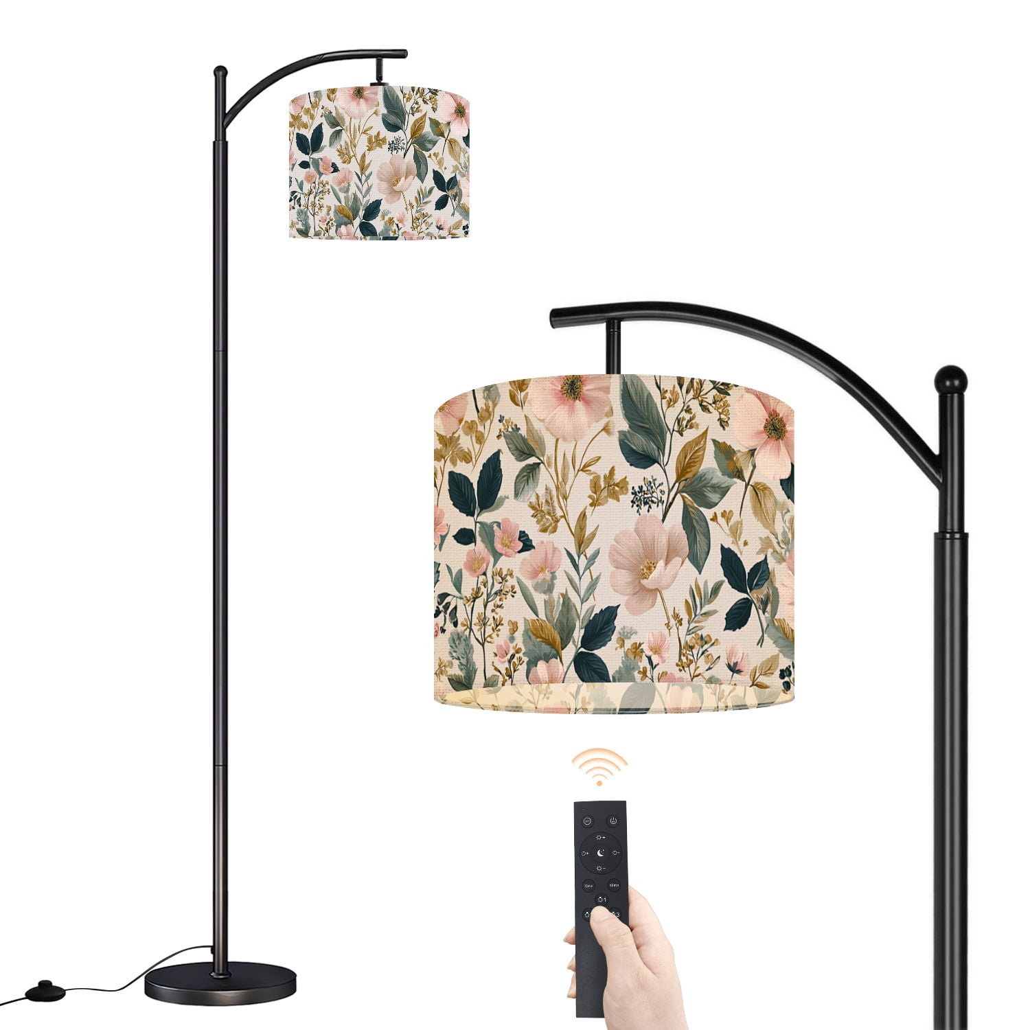 Arc Floor Lamp with Adjustable Lampshade Botanical Floral Pink Flowers ...