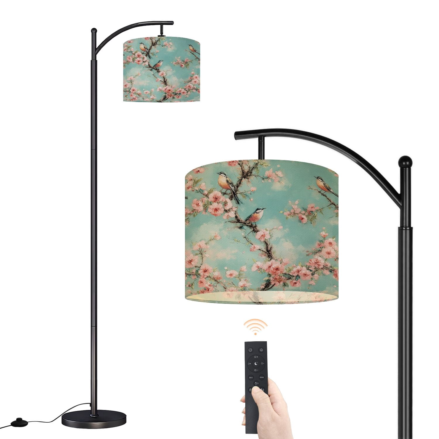 Arc Floor Lamp with Adjustable Lampshade Delicate Birds Perched Blossom ...