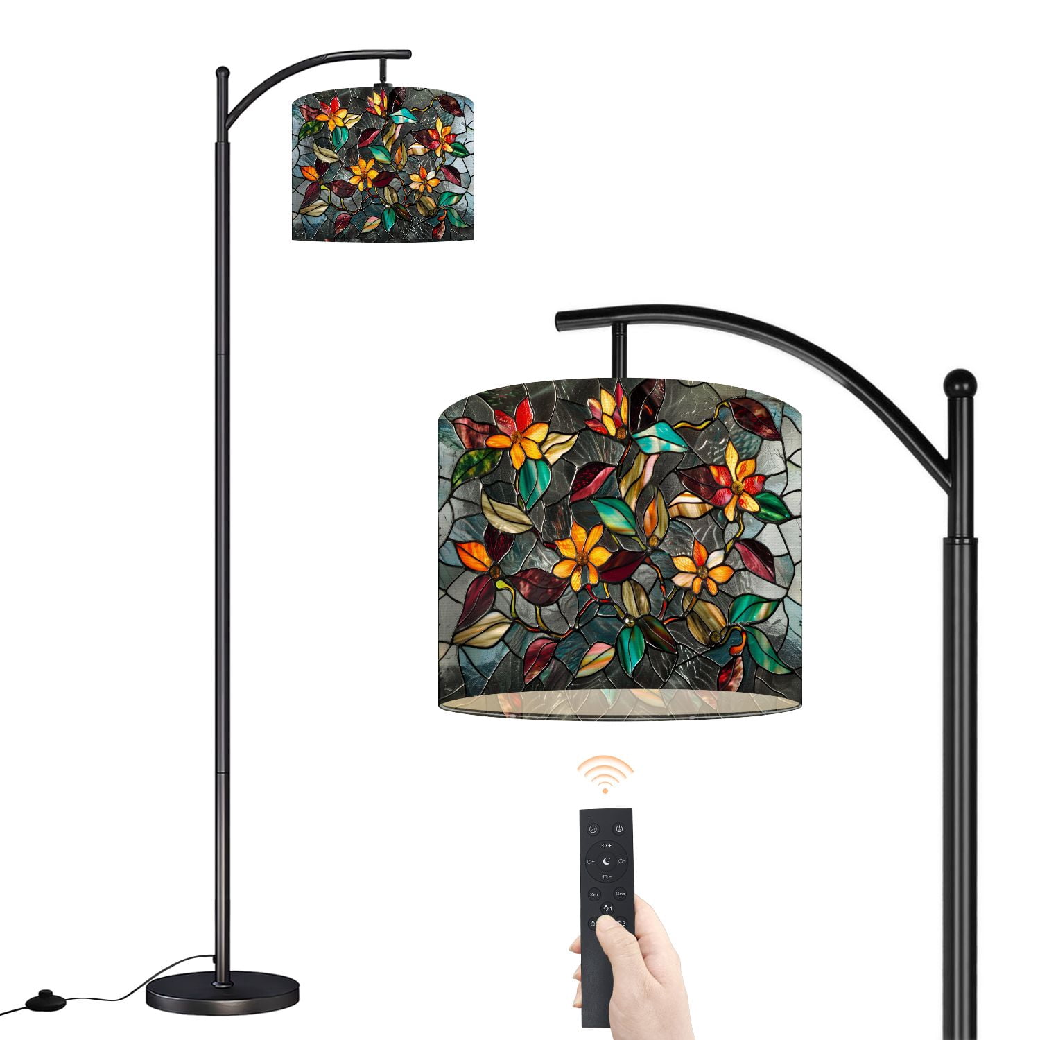 Arc Floor Lamp with Adjustable Lampshade Flower Vine Stained Glass ...