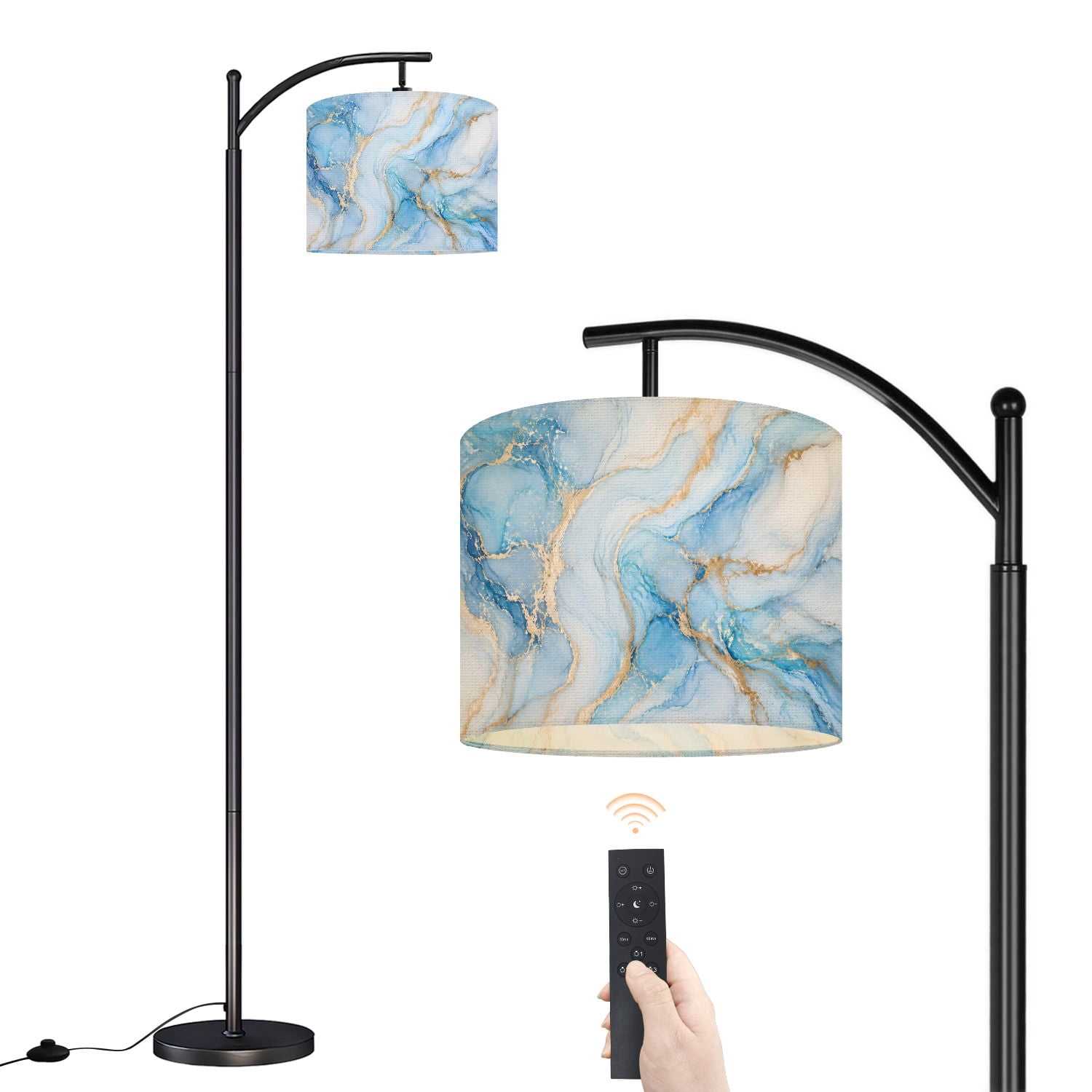 Arc Floor Lamp with Adjustable Lampshade Gold Ink Marble Blue Art Paint ...